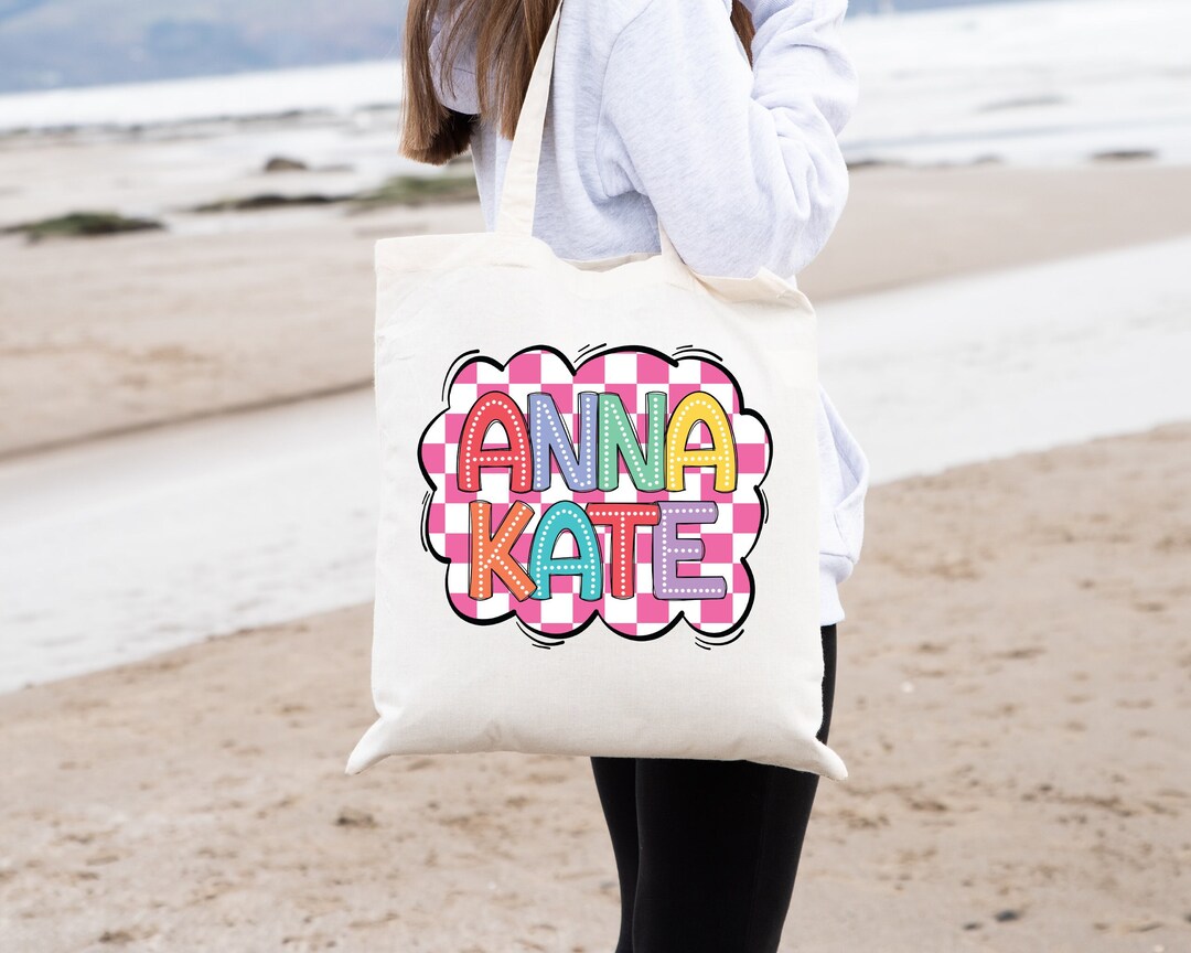 Girls Marquee Name Tote Bag, Pink Checkered Name, Skater Girl Gift ...