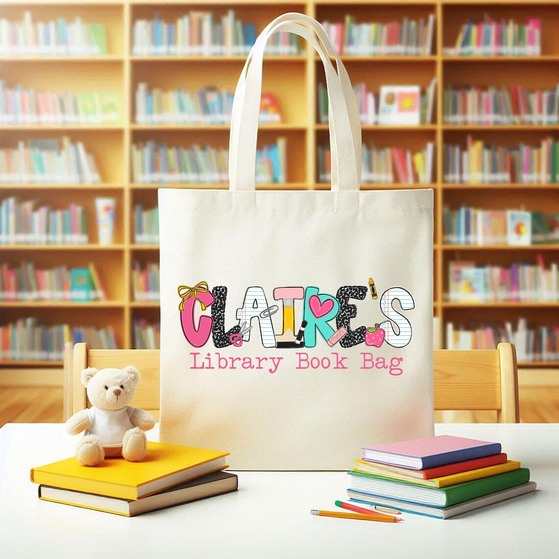 Girls Name Library Book Bag, Personalized Library Tote, Custom Name ...
