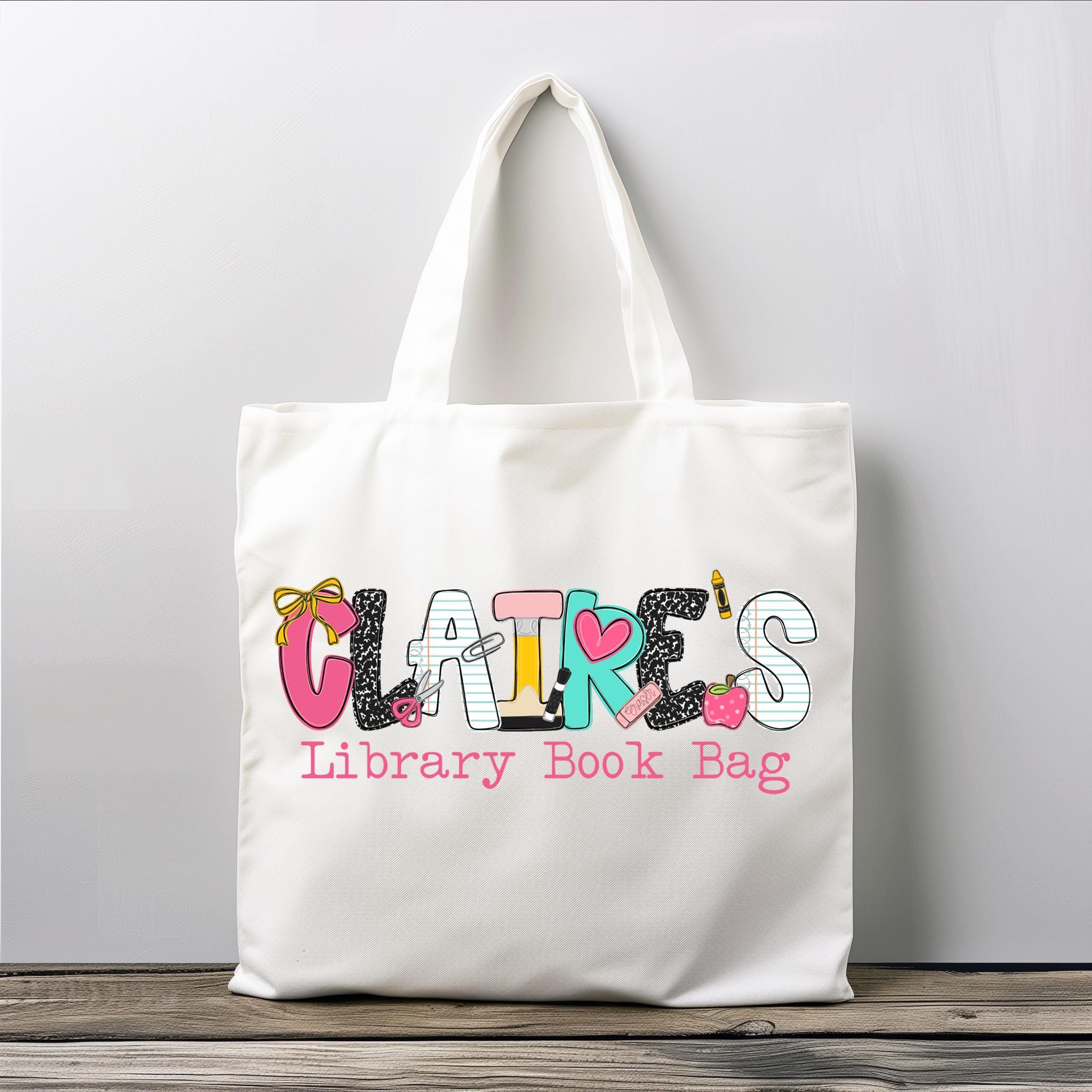 Girls Name Library Book Bag, Personalized Library Tote, Custom Name ...