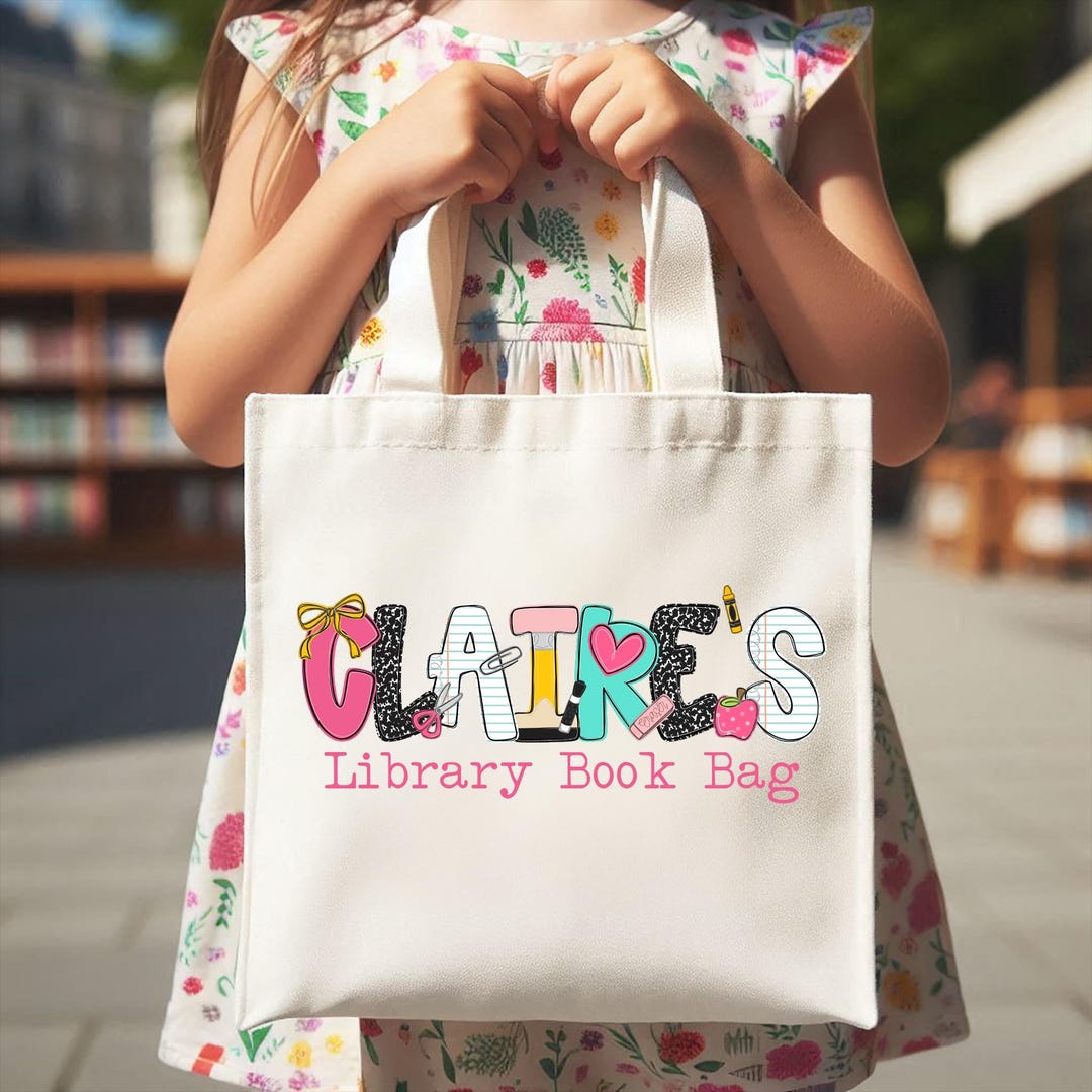 Girls Name Library Book Bag, Personalized Library Tote, Custom Name ...