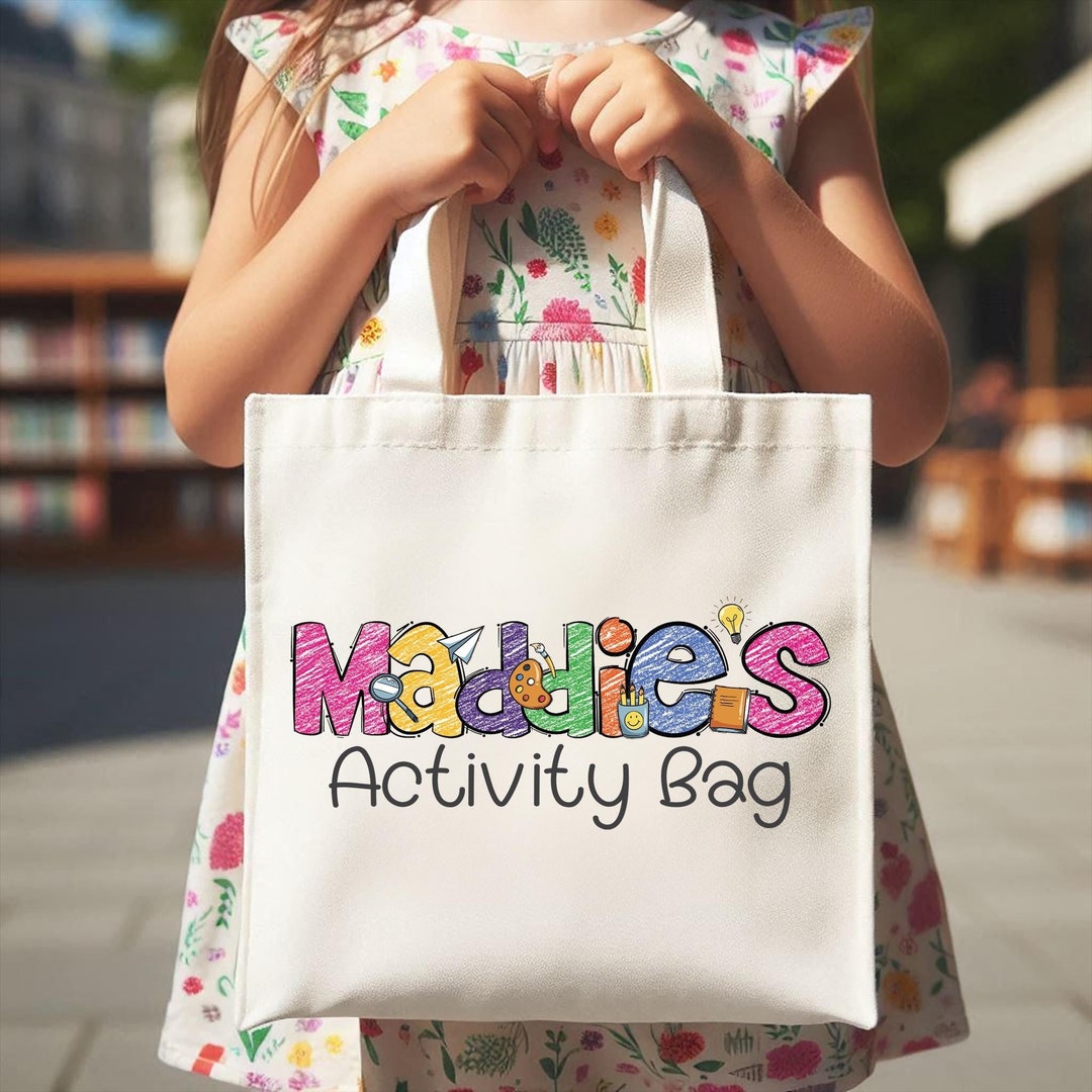 Personalized Kids Activity Bag, Child Name Library Tote Bag, Crayon ...