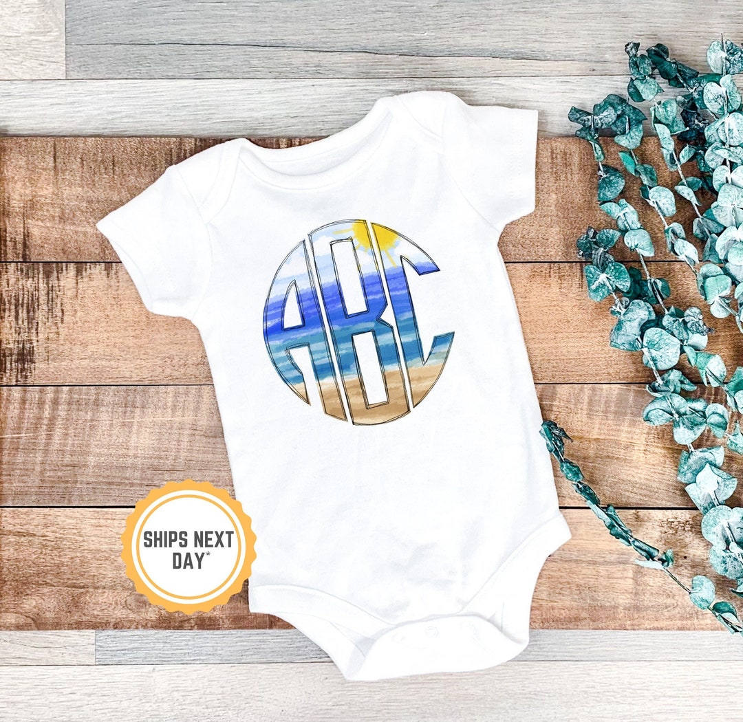 Beach Monogram Baby Onesie, Summer Monogram Onesie, Personalized Summer ...
