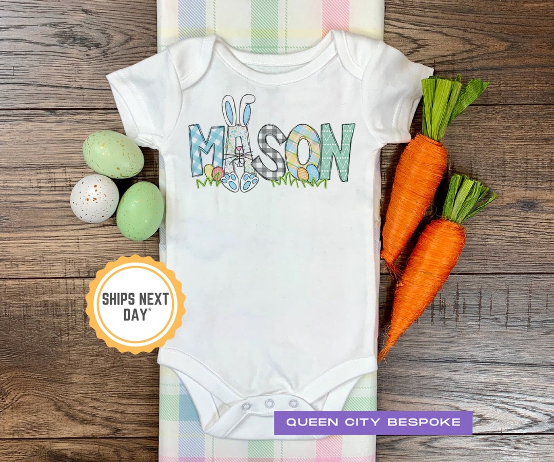 Personalized Baby Boy Easter Onesie, Boy Name Bunny Onesie, Baby Name ...
