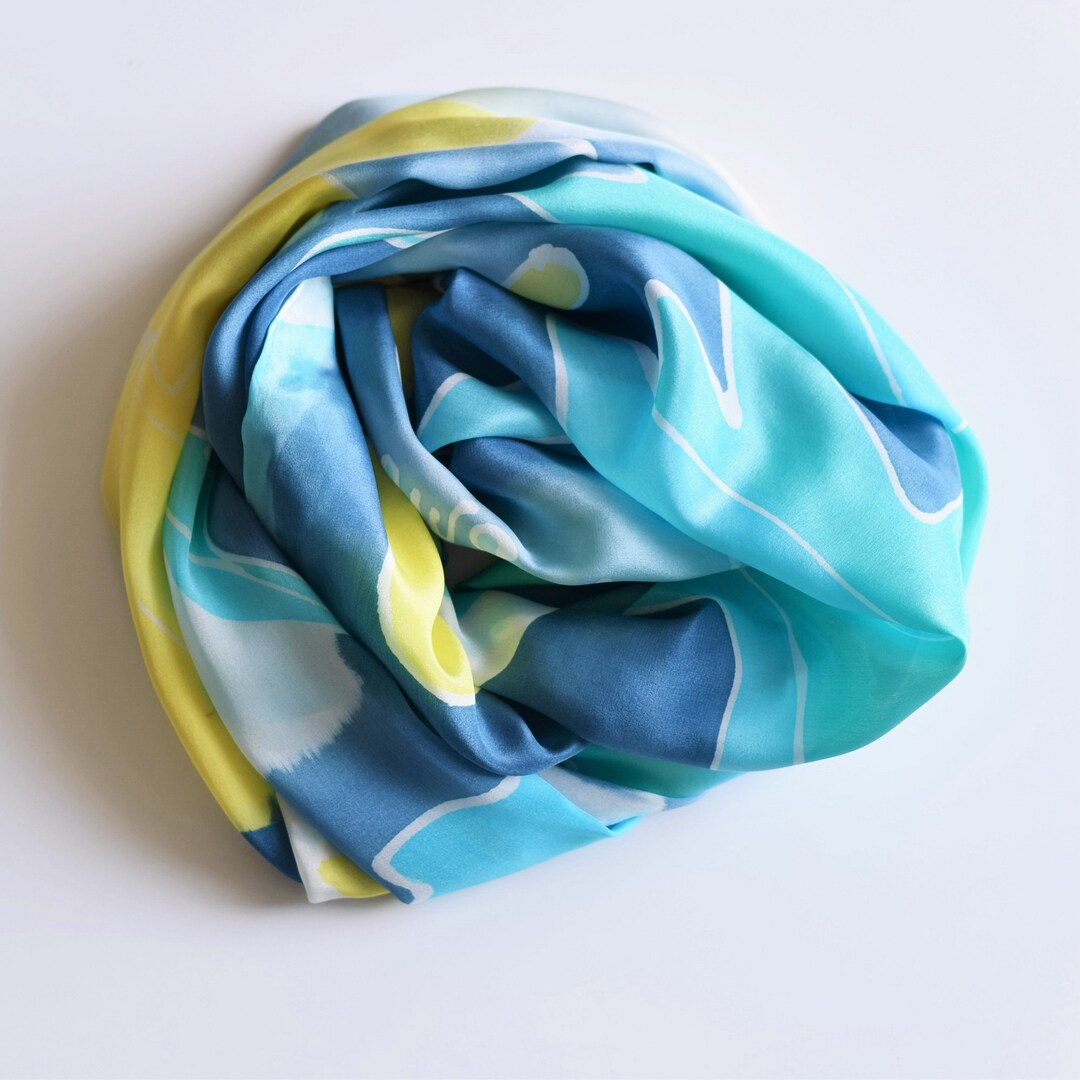 Botanical Silk Scarf Blue and Yellow Silk Scarf Hand Painted - Etsy
