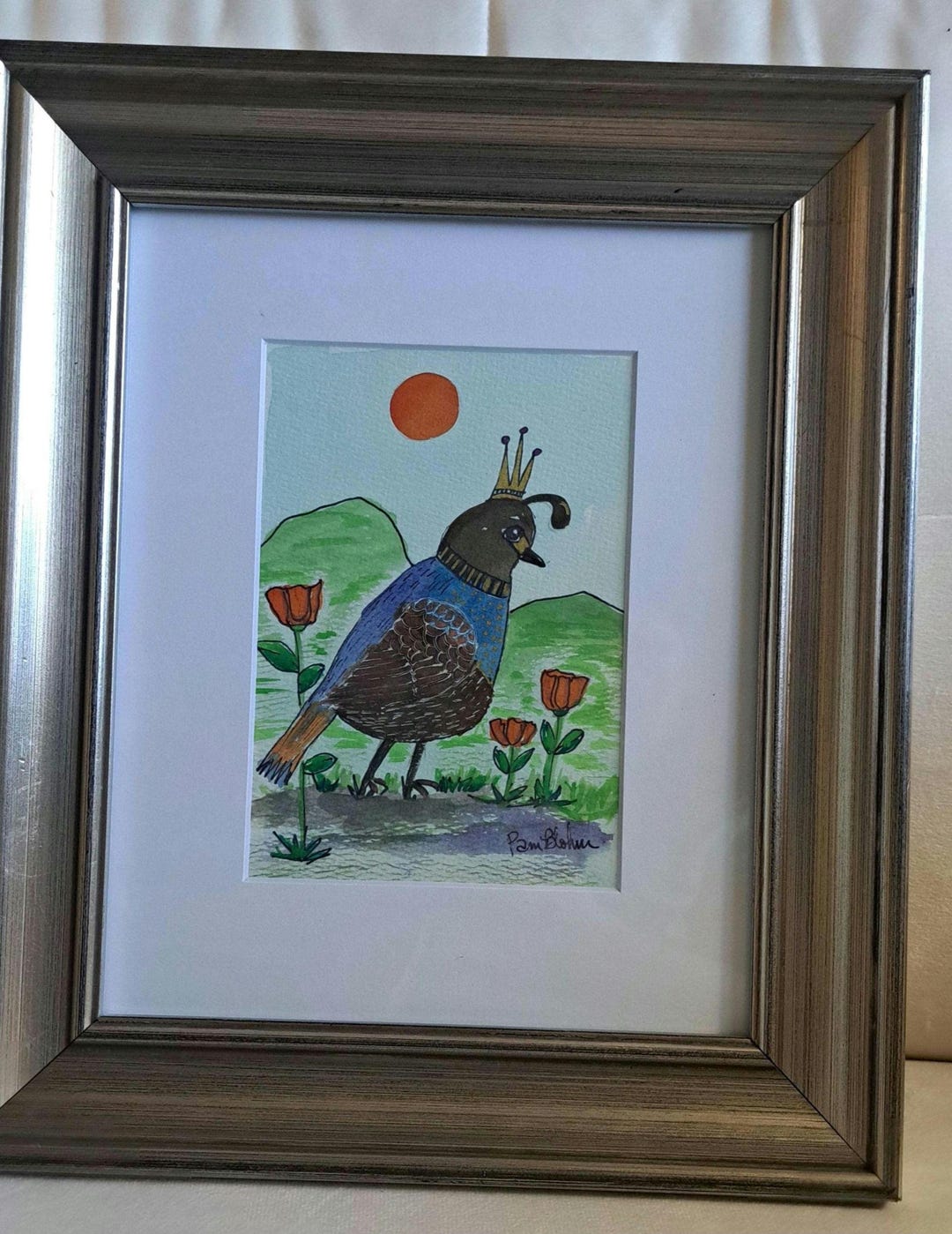 Quail With Gold Crown california Travel Whimsical Original Watercolor ...