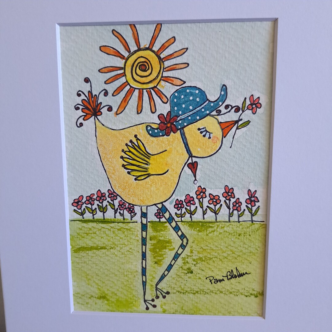 Yellow Whimsical Bird Blue Bonnet Original Watercolor and Ink Bird ...