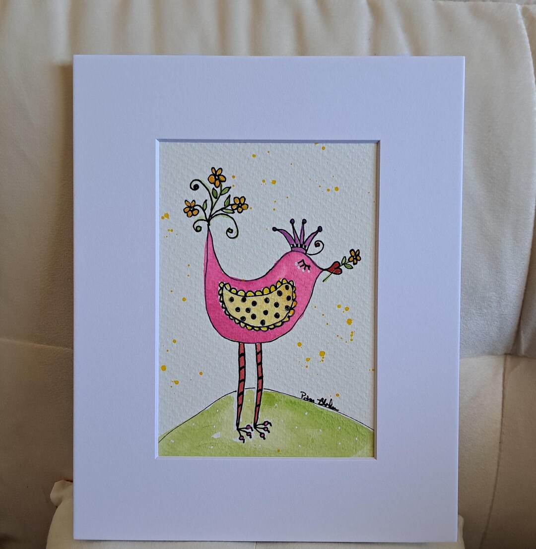 Whimsical Crowned Pink Bird " Date Night" Original Watercolor and Ink ...