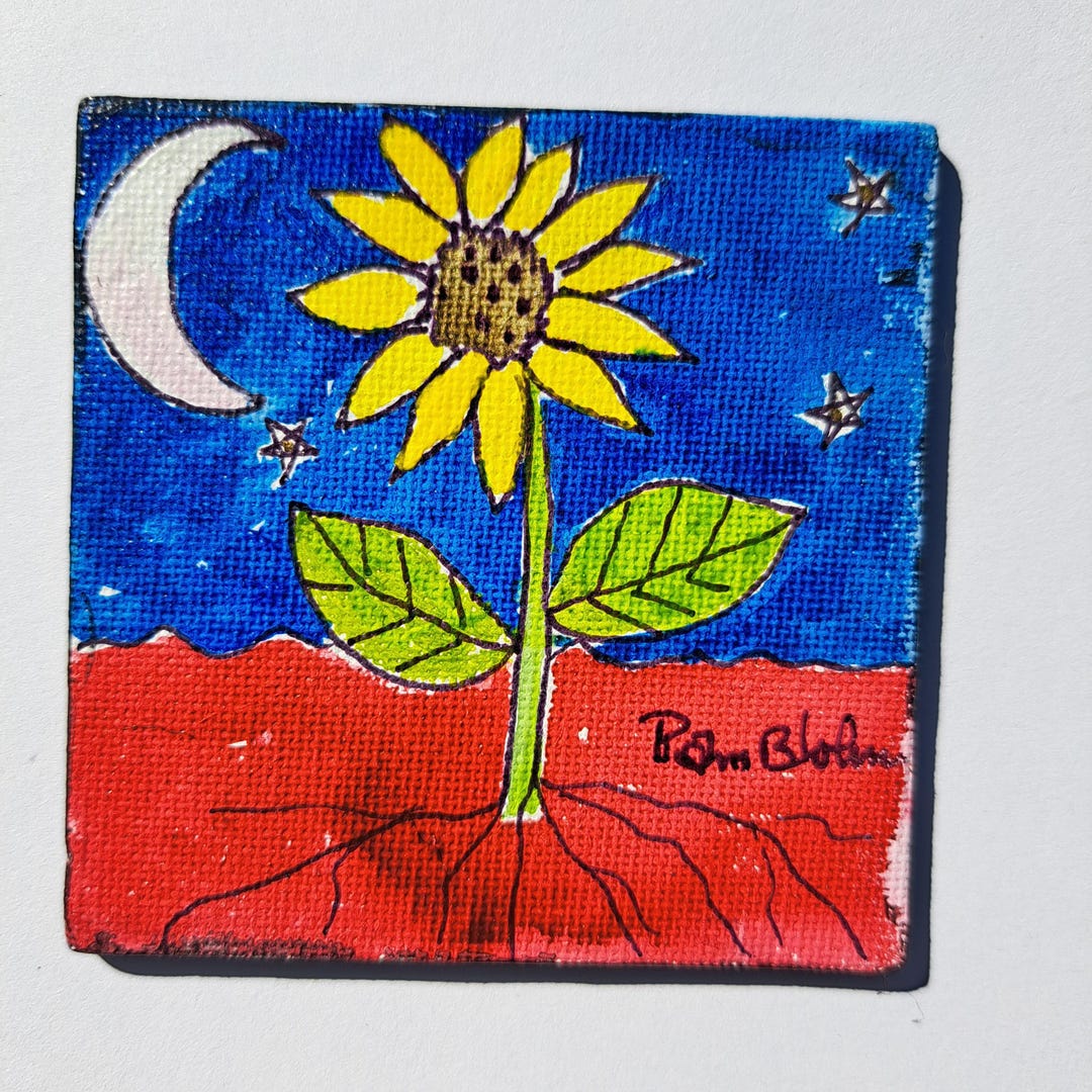 Original midnight Sunflower watercolor and Ink Painting-tiny Art 3x3 ...