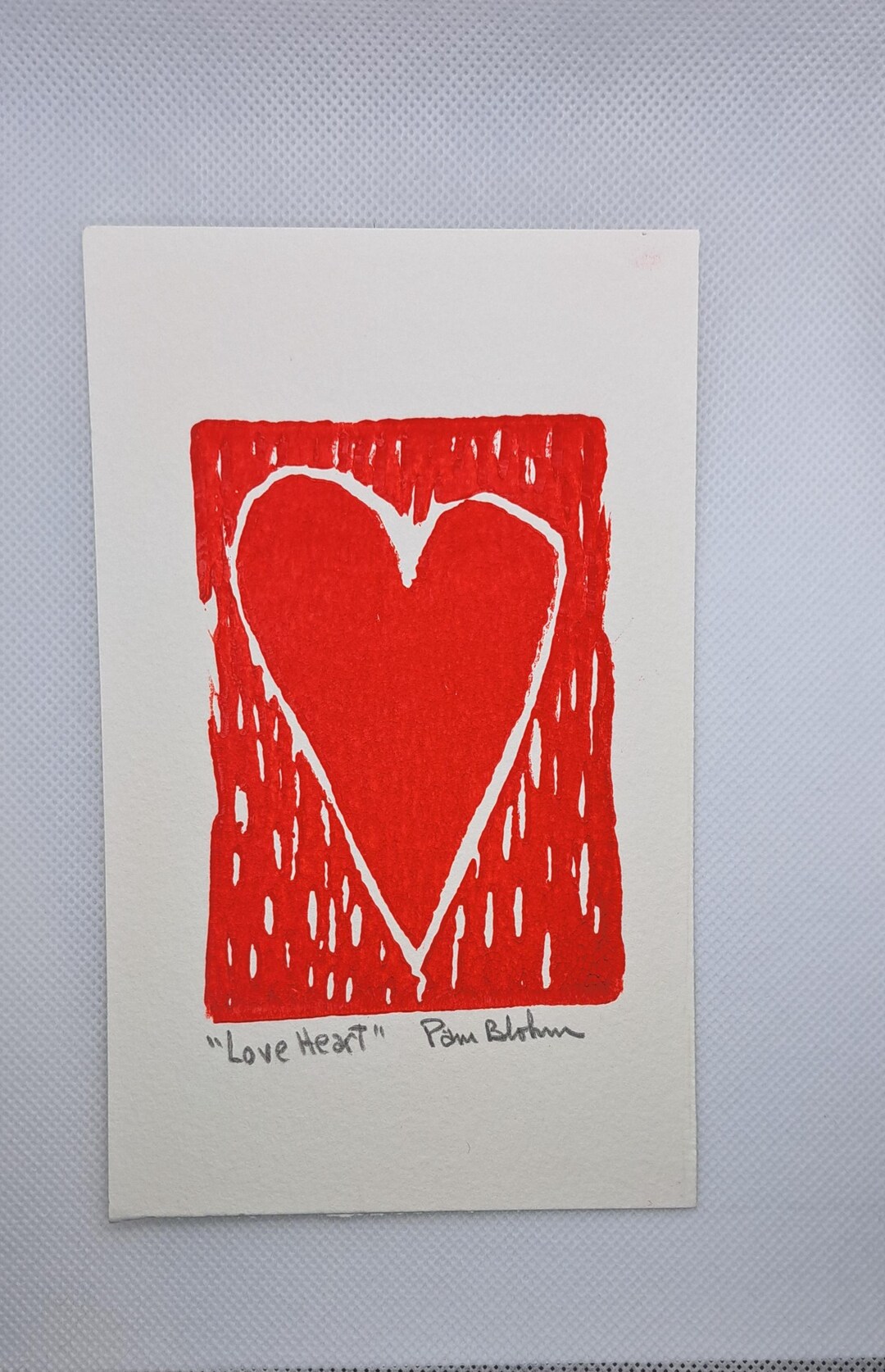 Heart Block Print Love Heart Red Ink 4x6.5 Inch Small Art Heart Gift ...