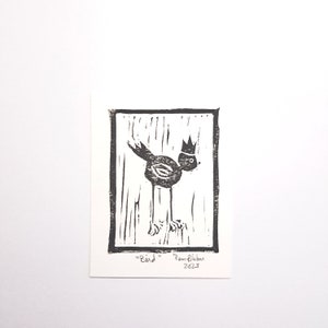 Whimsical bird Linoleum Block Print-black Ink 4 X 5.5 Inch Small Art ...