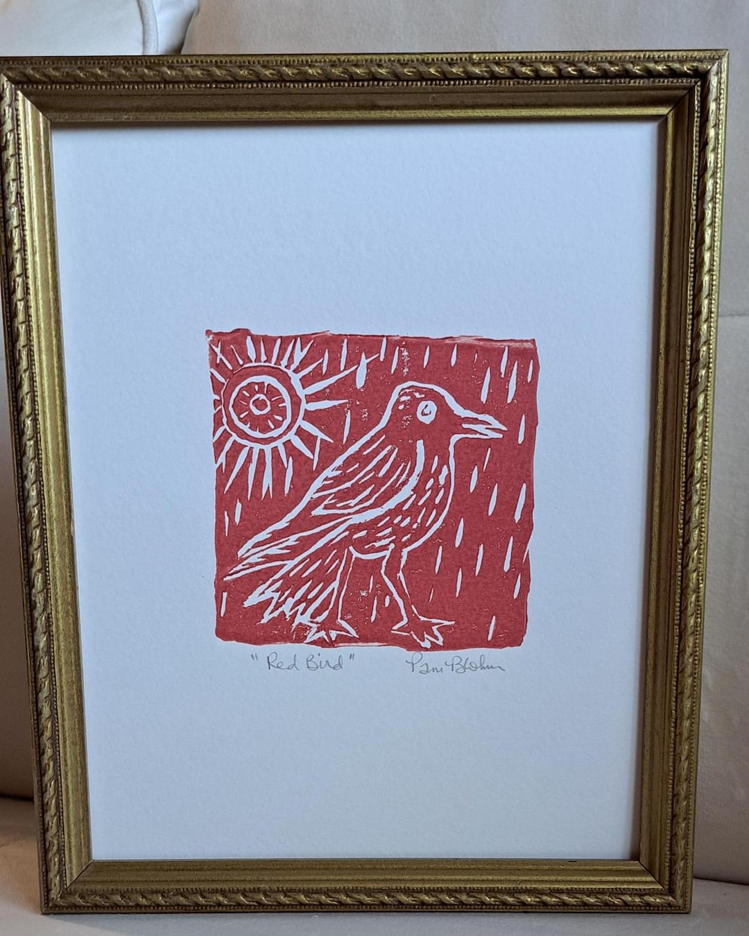 Original "red Bird" Linoleum Block Print- Red Orange Ink Unframed 8×10 ...