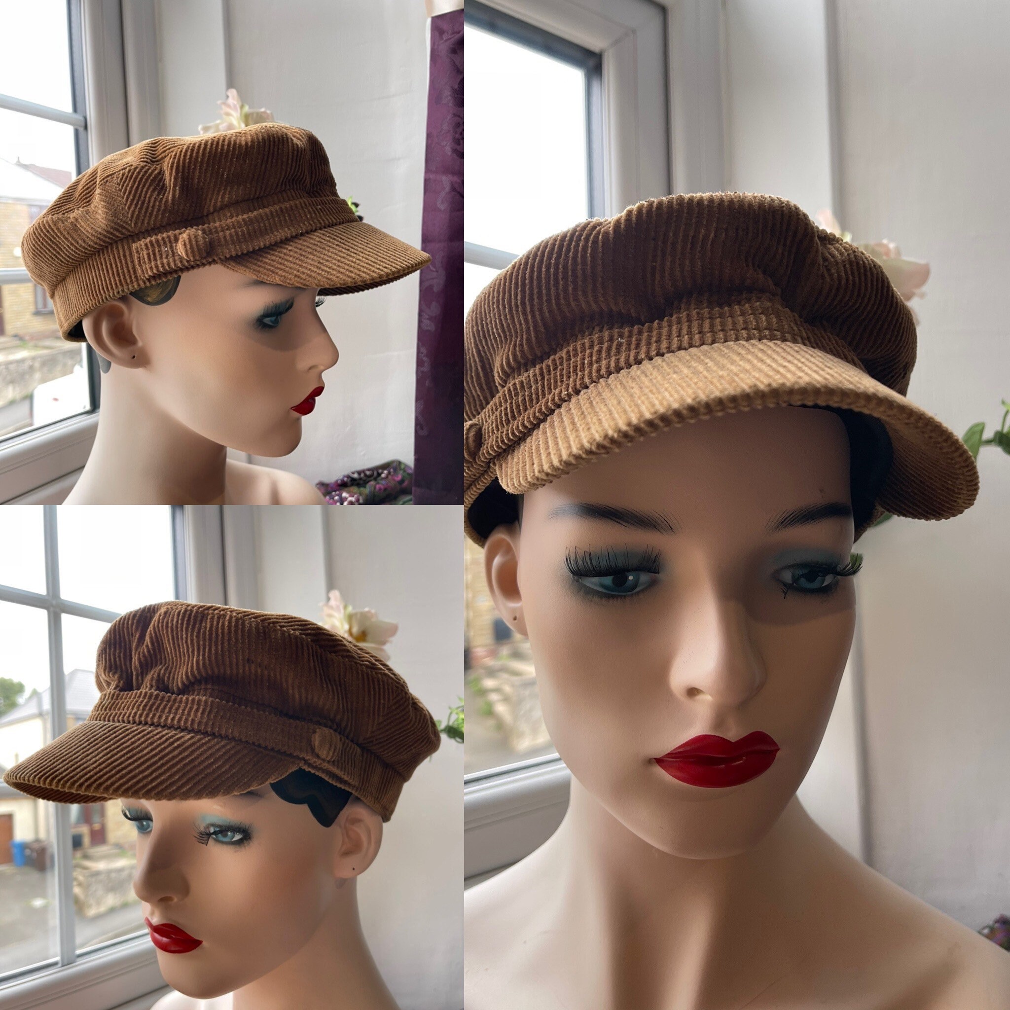 Vintage 1960s Cap Baker Boy Corded Velvet Peaked Hat 60s MOD