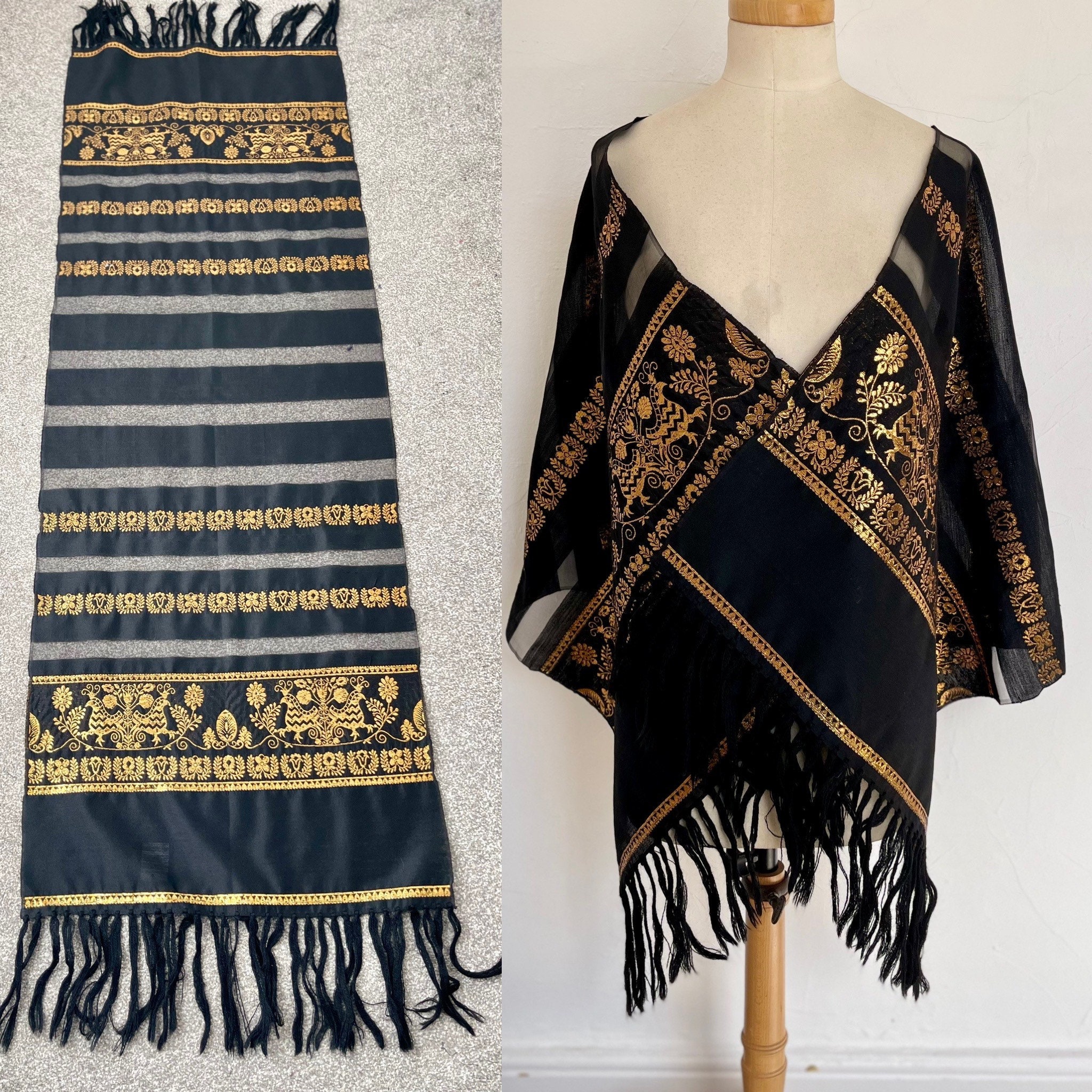 Vintage Pina Silk Shawl Black Gold Embroidery Hand Made Stylish 50s ...