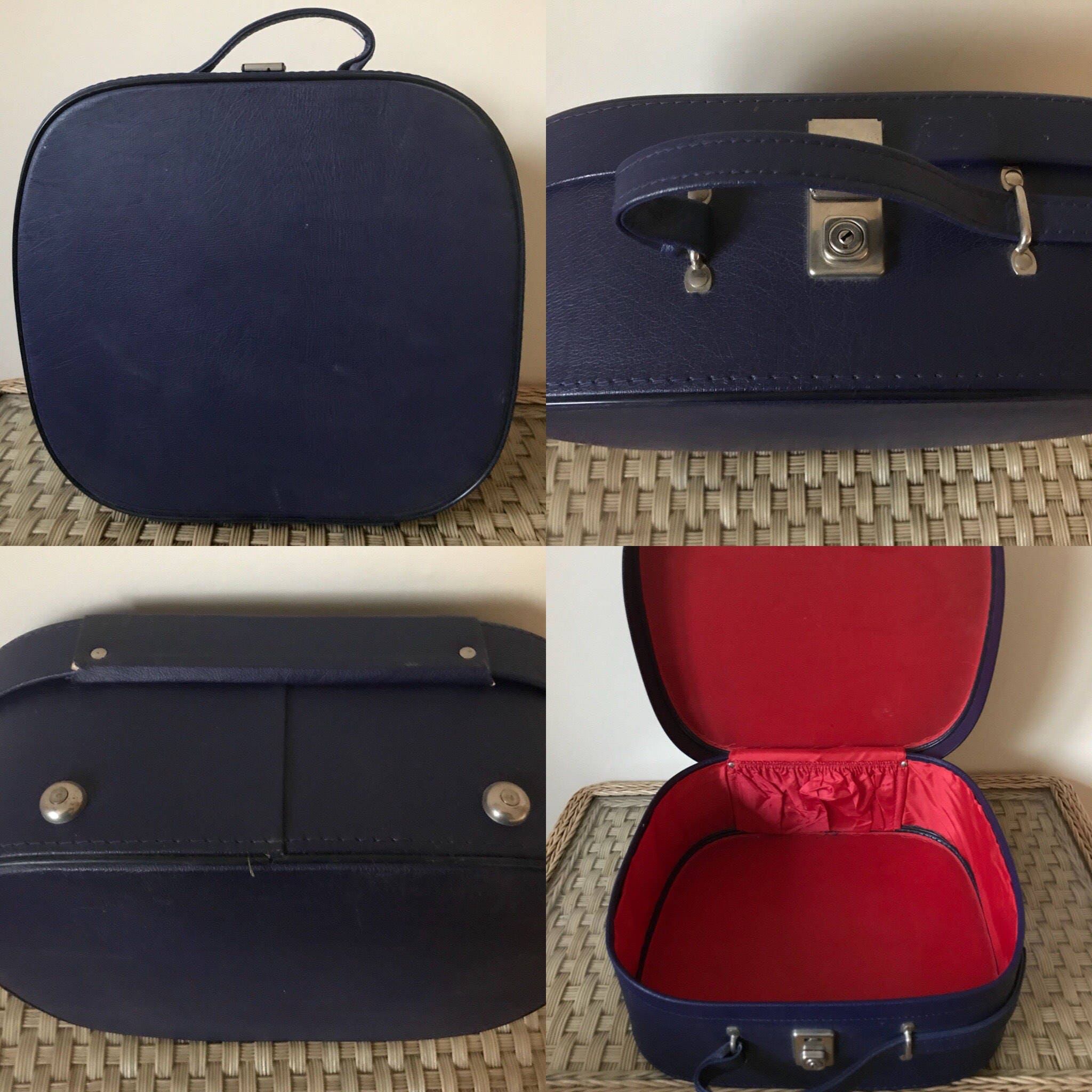 Vintage 1960s Blue Vanity Case Red Satin Lined 60s Overnight Weekend Case