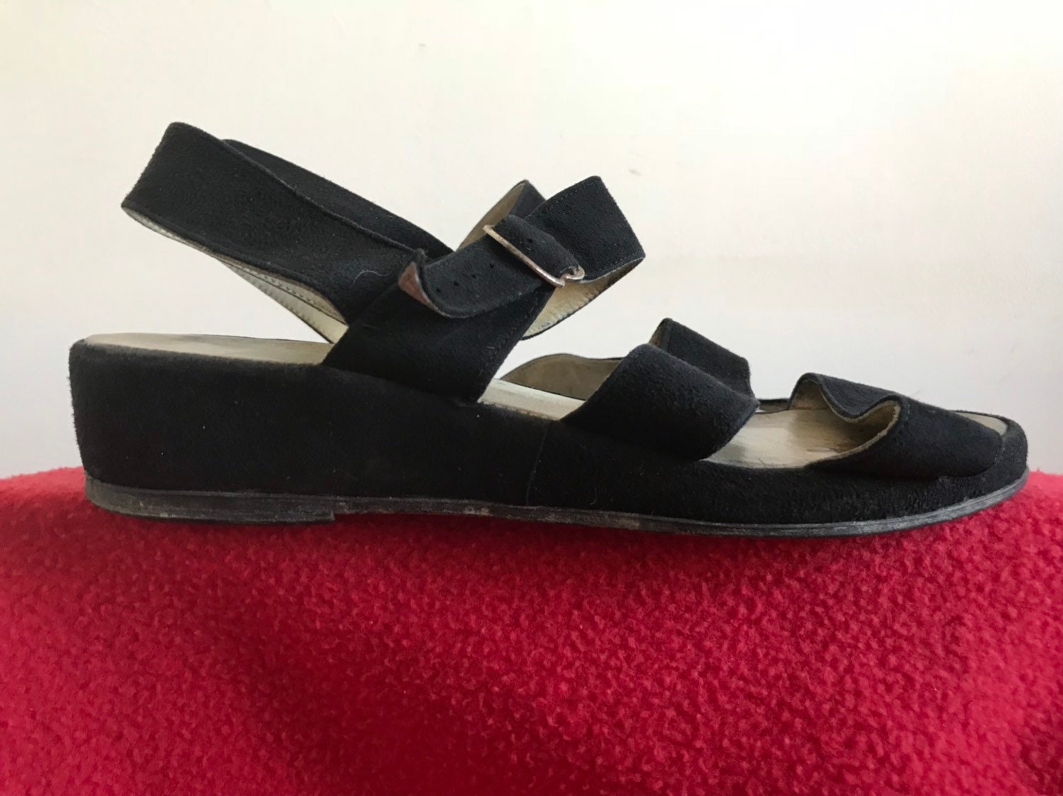 Vintage 1950s Wedge Heeled Sandals Black Suede Strappy 50s Italian ...