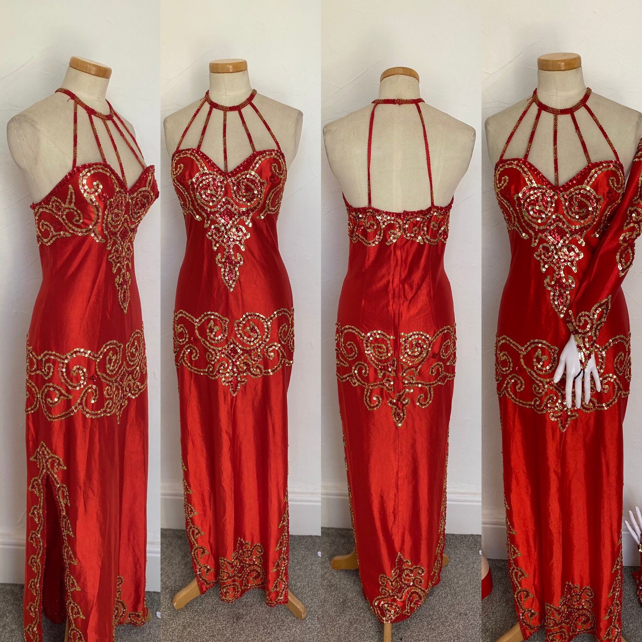 Vintage 1970s Burlesque Dress Red and Gold UK 12