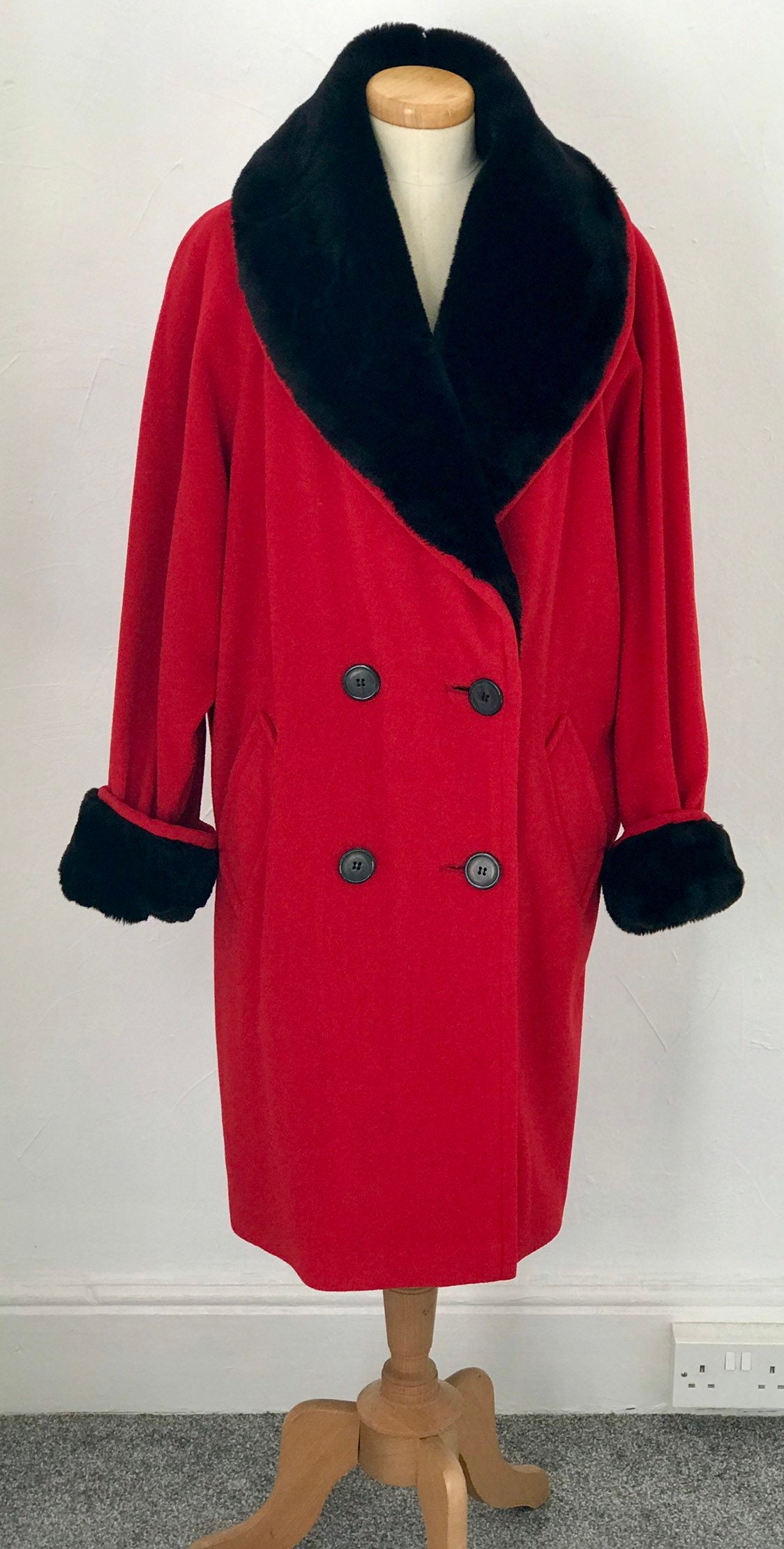 Unworn Vintage 1980s Cashmere Coat Vivid Red Black Shawl Collar 80s
