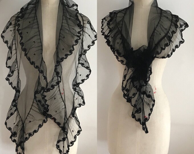 Rare 1800s Victorian Black Silk Wrap Stole Ruffles Net Lace Rope ...