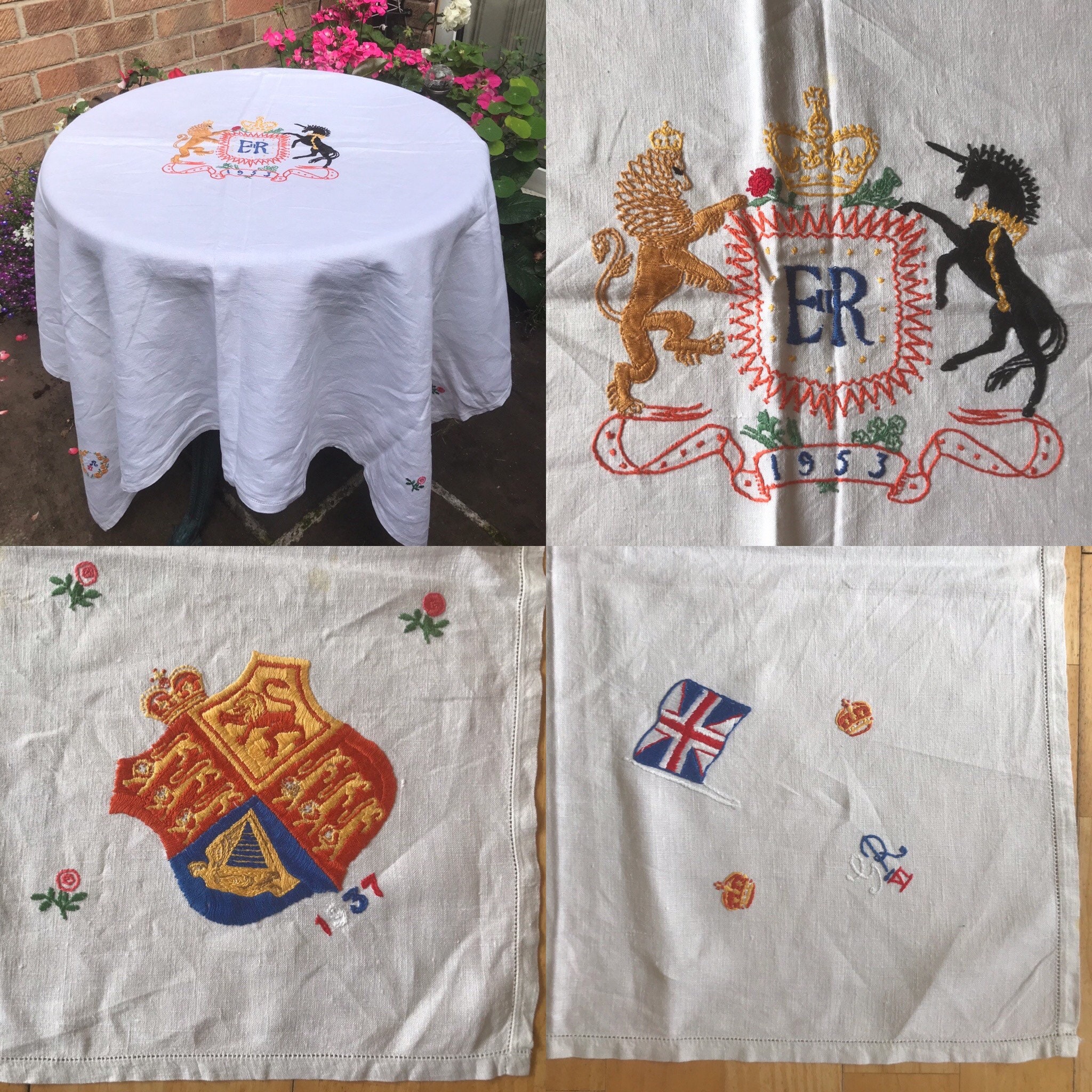 Vintage Tablecloth 1953 Coronation Queen Elizabeth II Heavy Linen ...