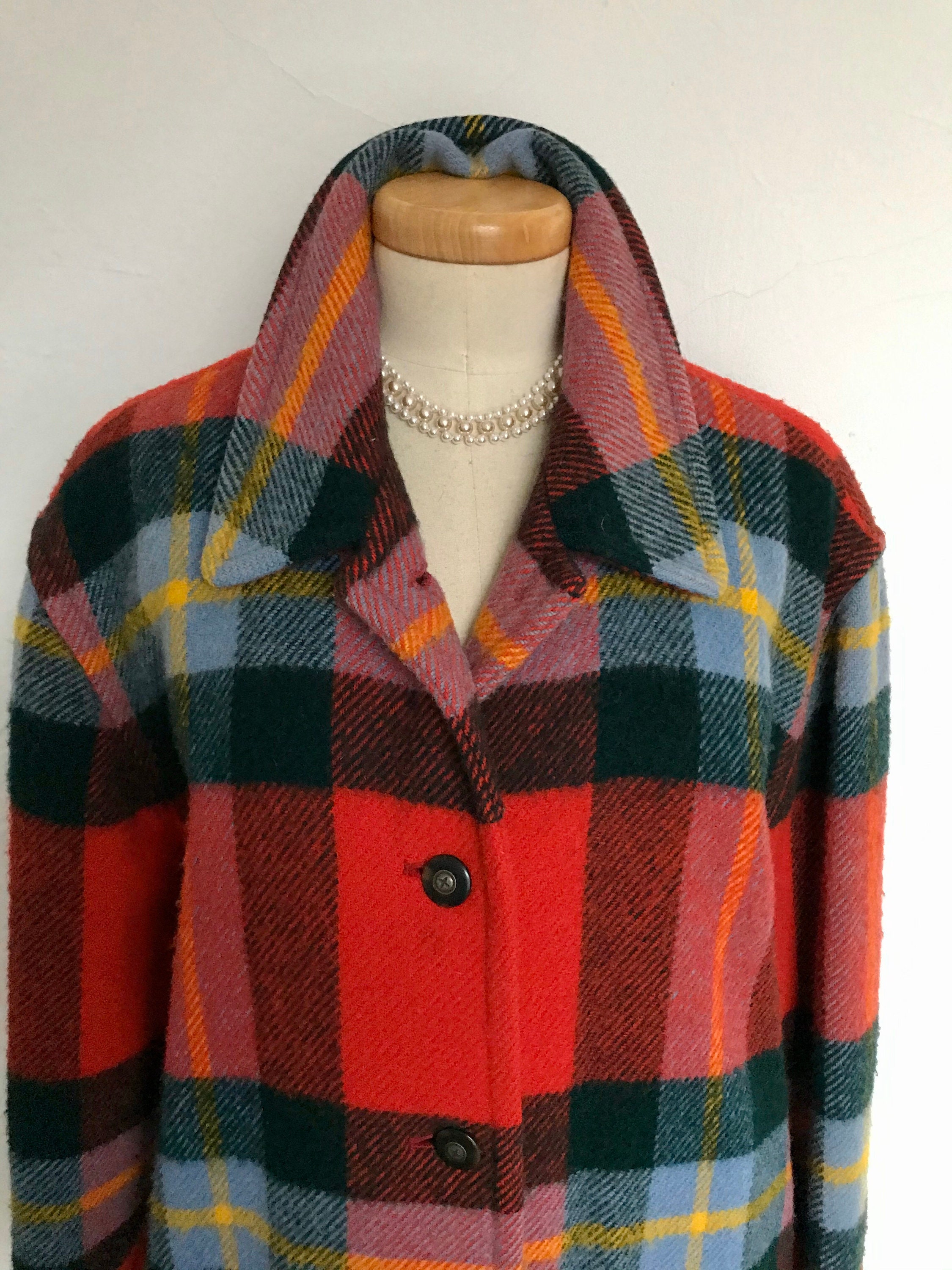 Vintage 1980s Jacket Overcoat Big Boxy Vivid Check Pure Wool 80s Jaeger ...