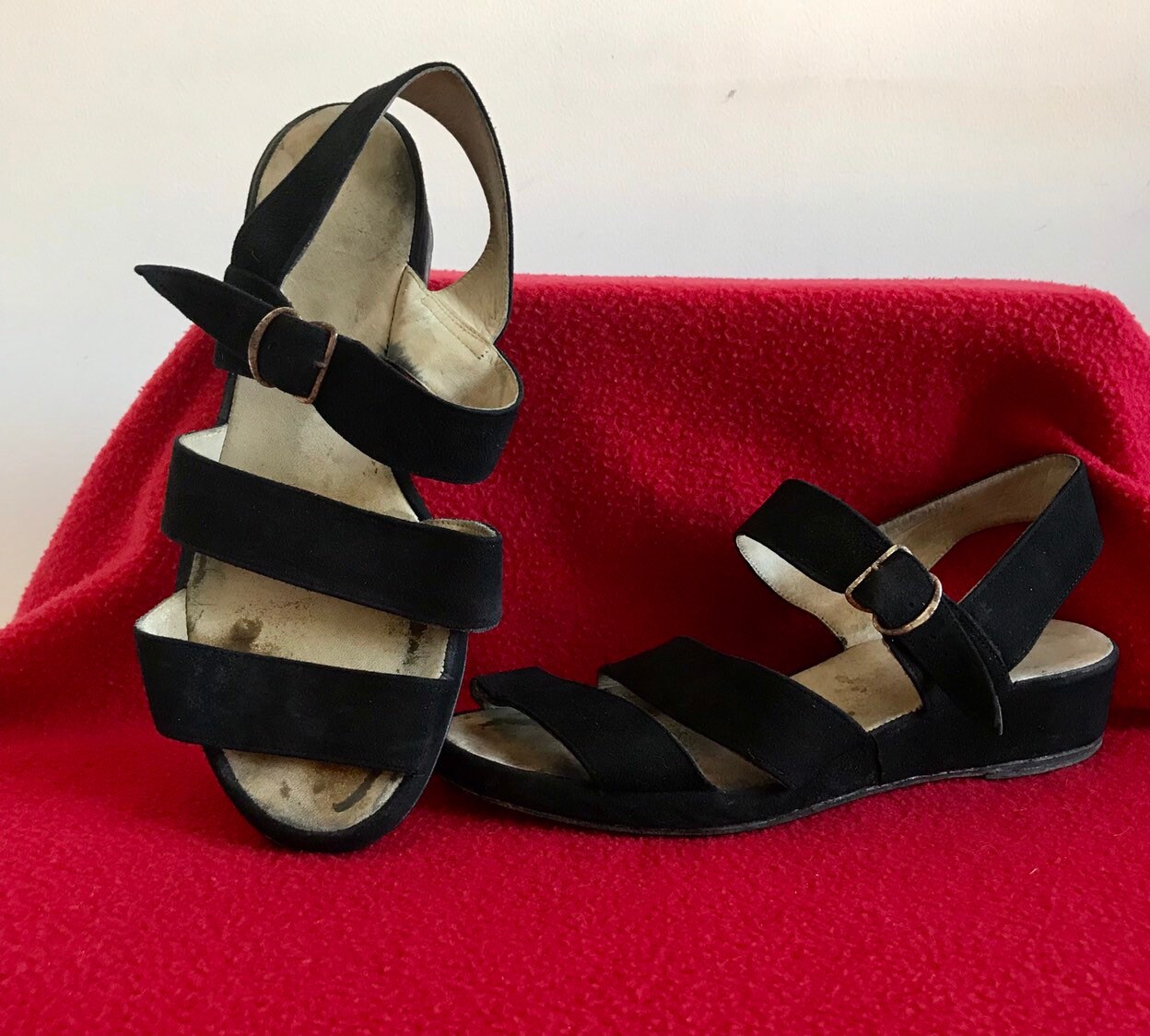 Vintage 1950s Wedge Heeled Sandals Black Suede Strappy 50s Italian ...
