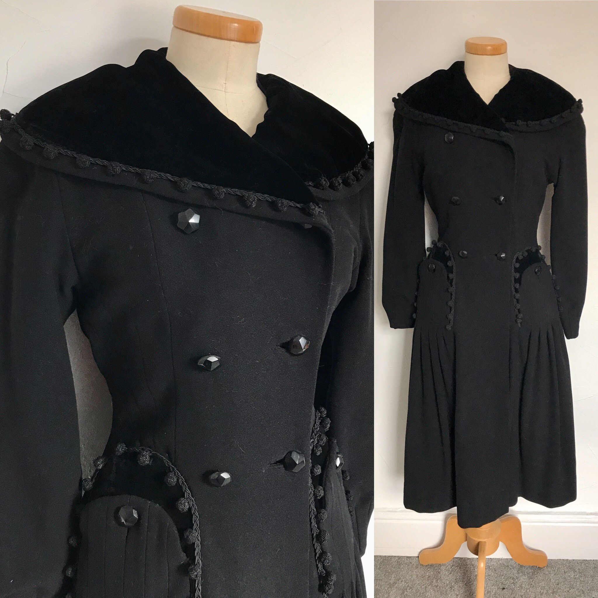 Vintage 1940s Princess Coat Black Cashmere & Silk Velvet 40s Couture ...