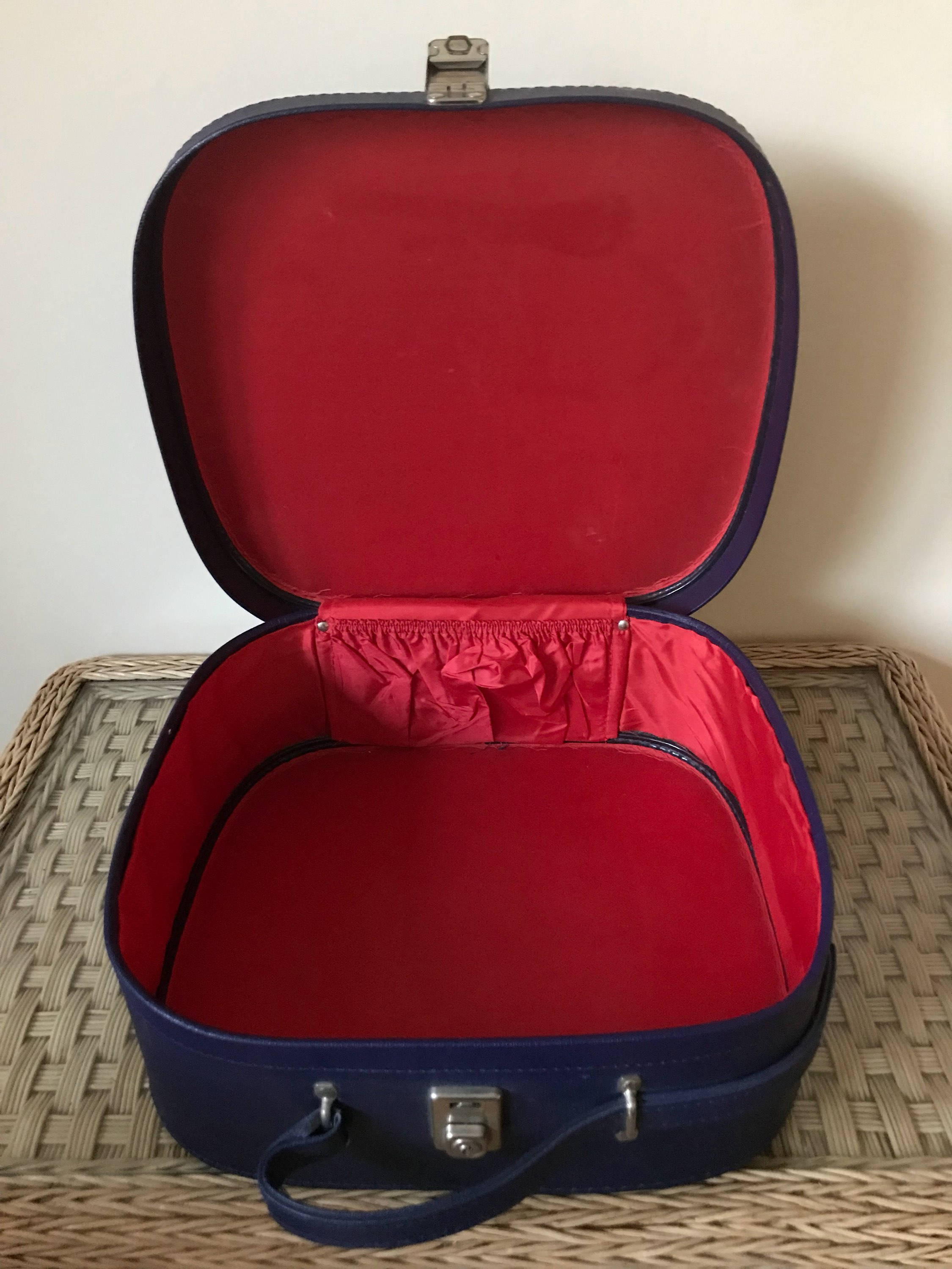 Vintage 1960s Blue Vanity Case Red Satin Lined 60s Overnight Weekend Case