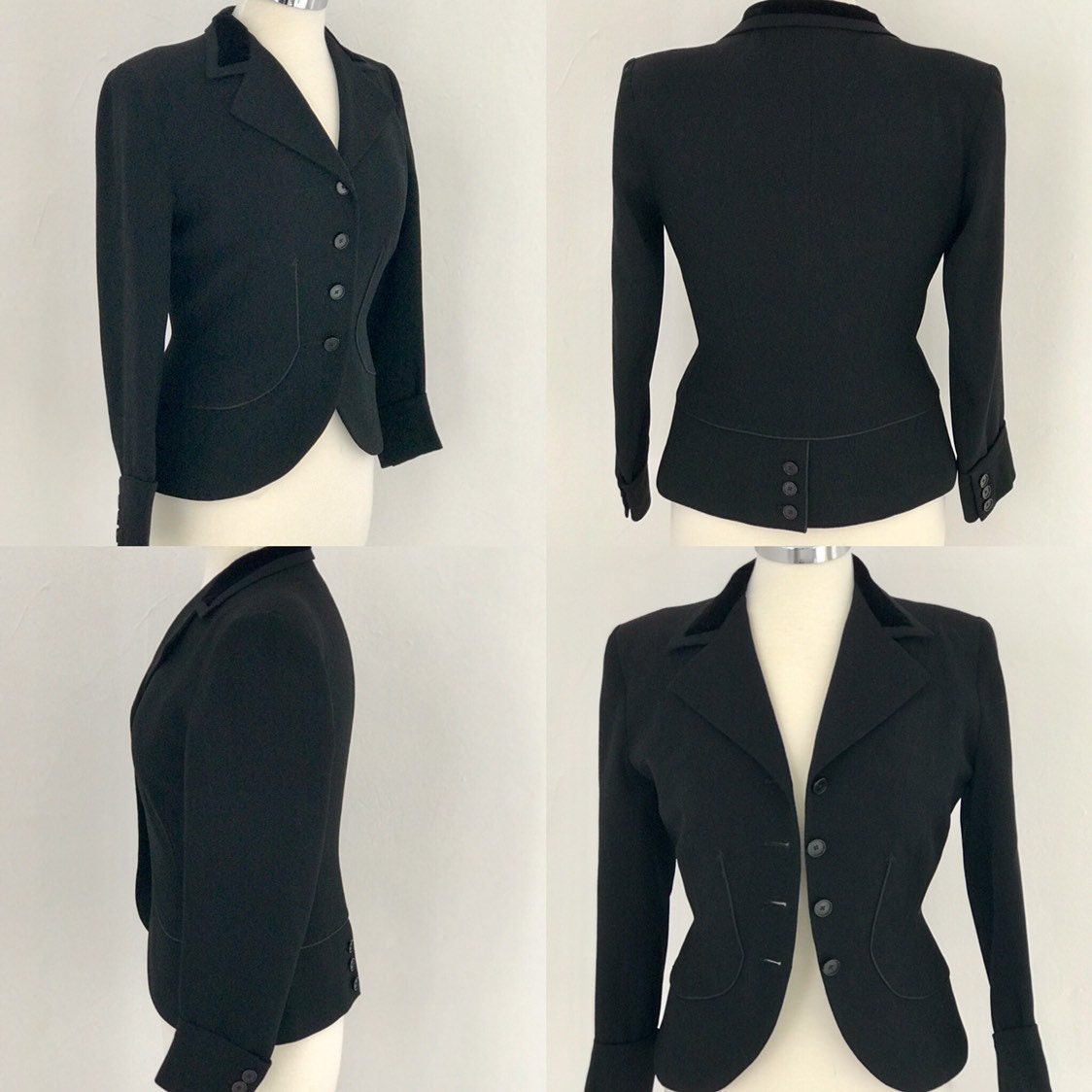 Stunning 1940s Black Jacket Wasp Waist Square Shoulders Velvet Collar ...
