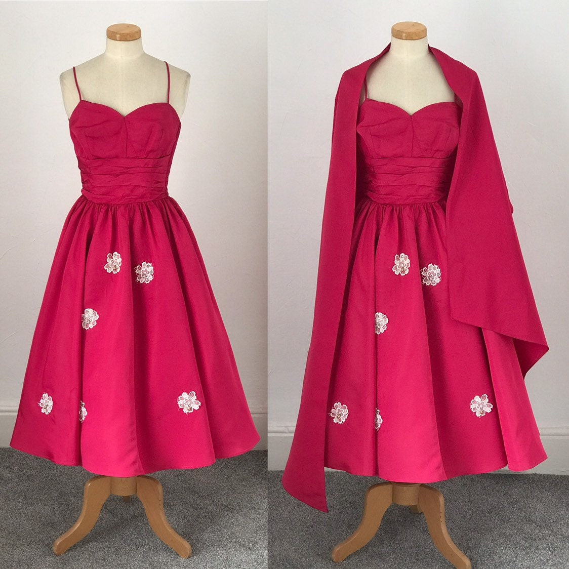 Vintage 1950s Susan Small Dress And Stole Pink Silk Vivid Vibrant
