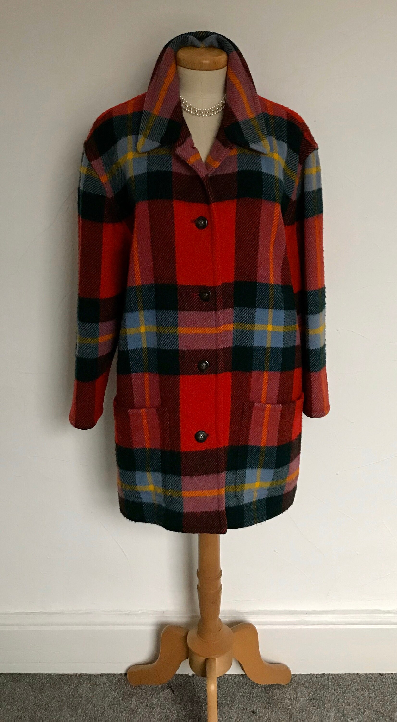 Vintage 1980s Jacket Overcoat Big Boxy Vivid Check Pure Wool 80s Jaeger ...