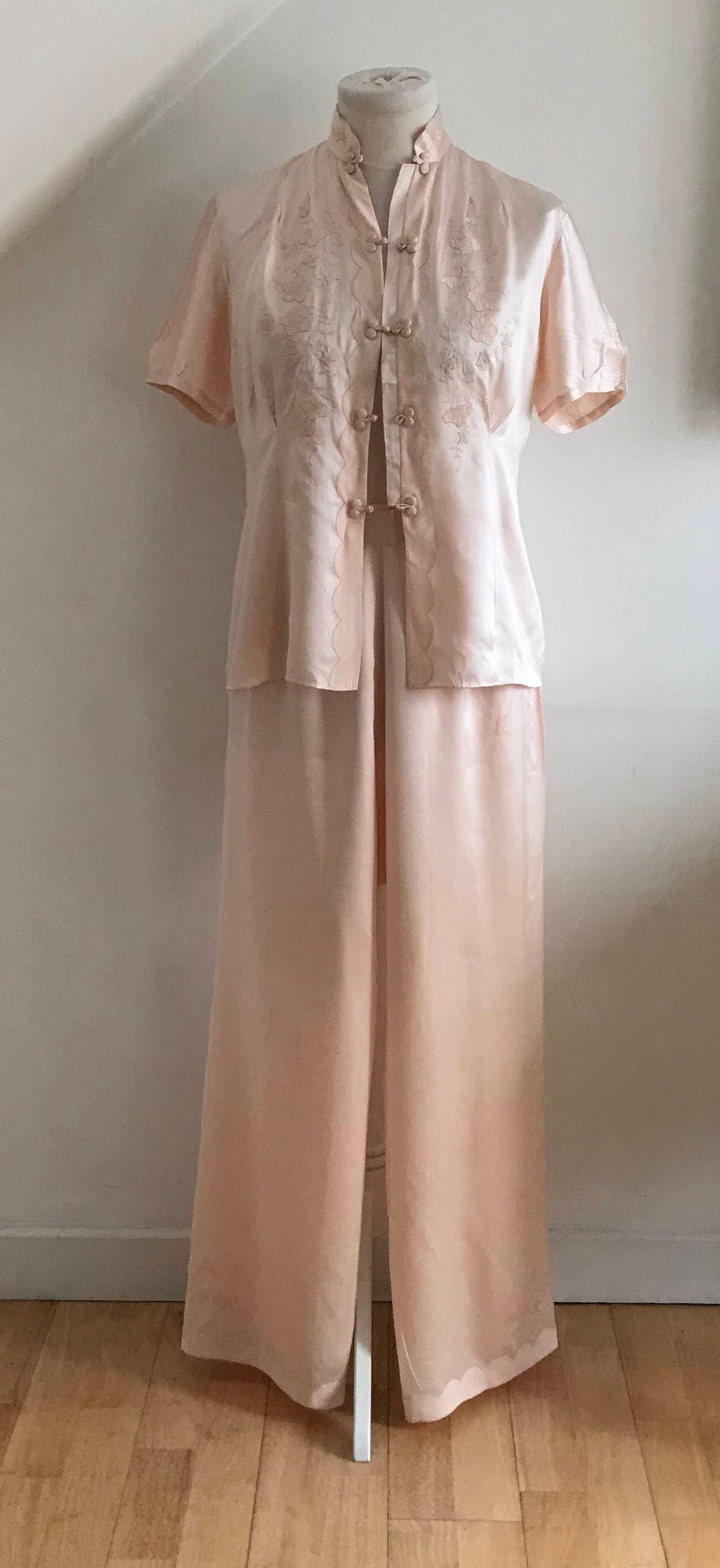 Vintage 1920s Pyjamas Art Deco Pure Silk Appliqué Embroidery Palazzo ...