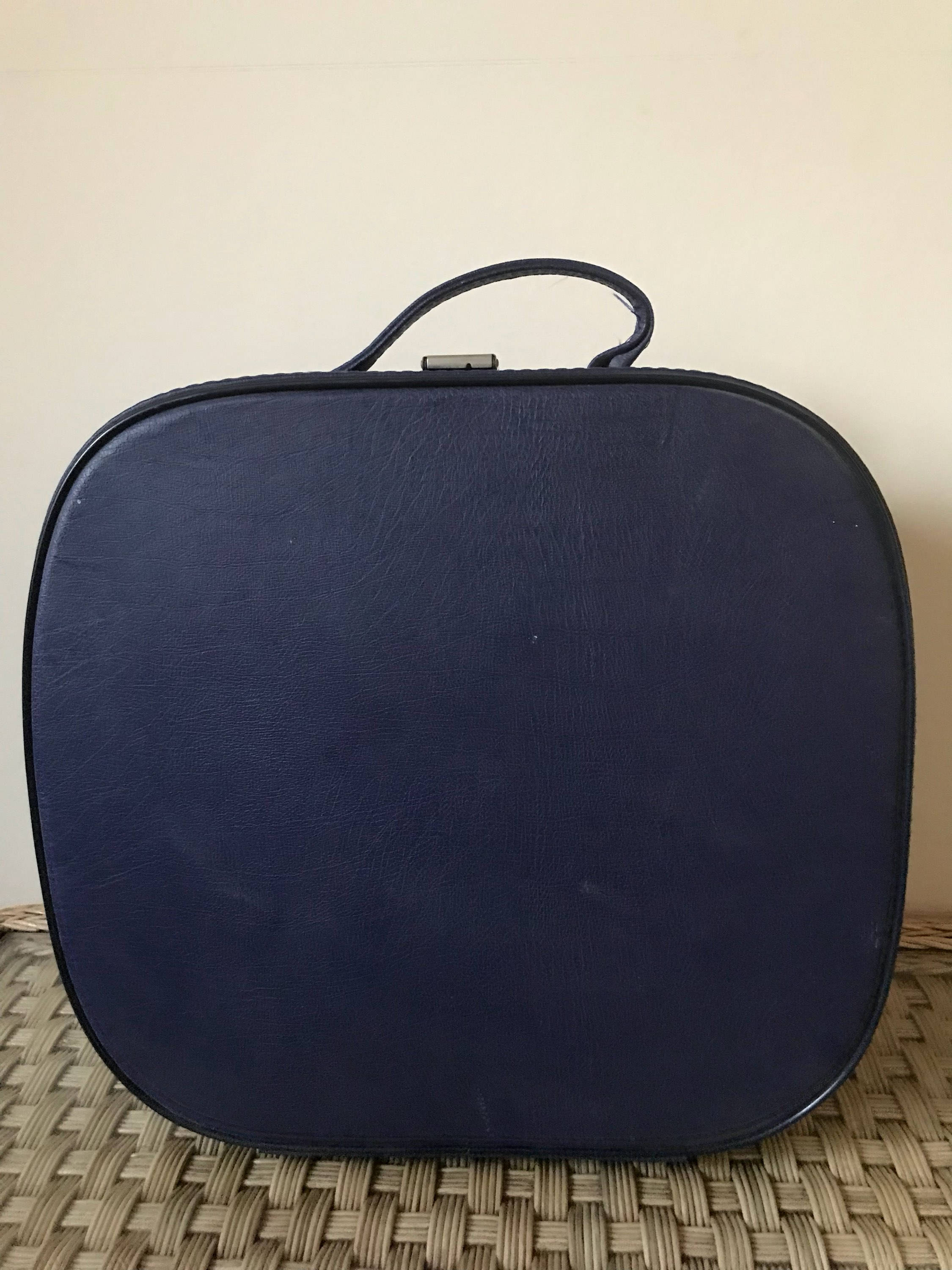 Vintage 1960s Blue Vanity Case Red Satin Lined 60s Overnight Weekend Case