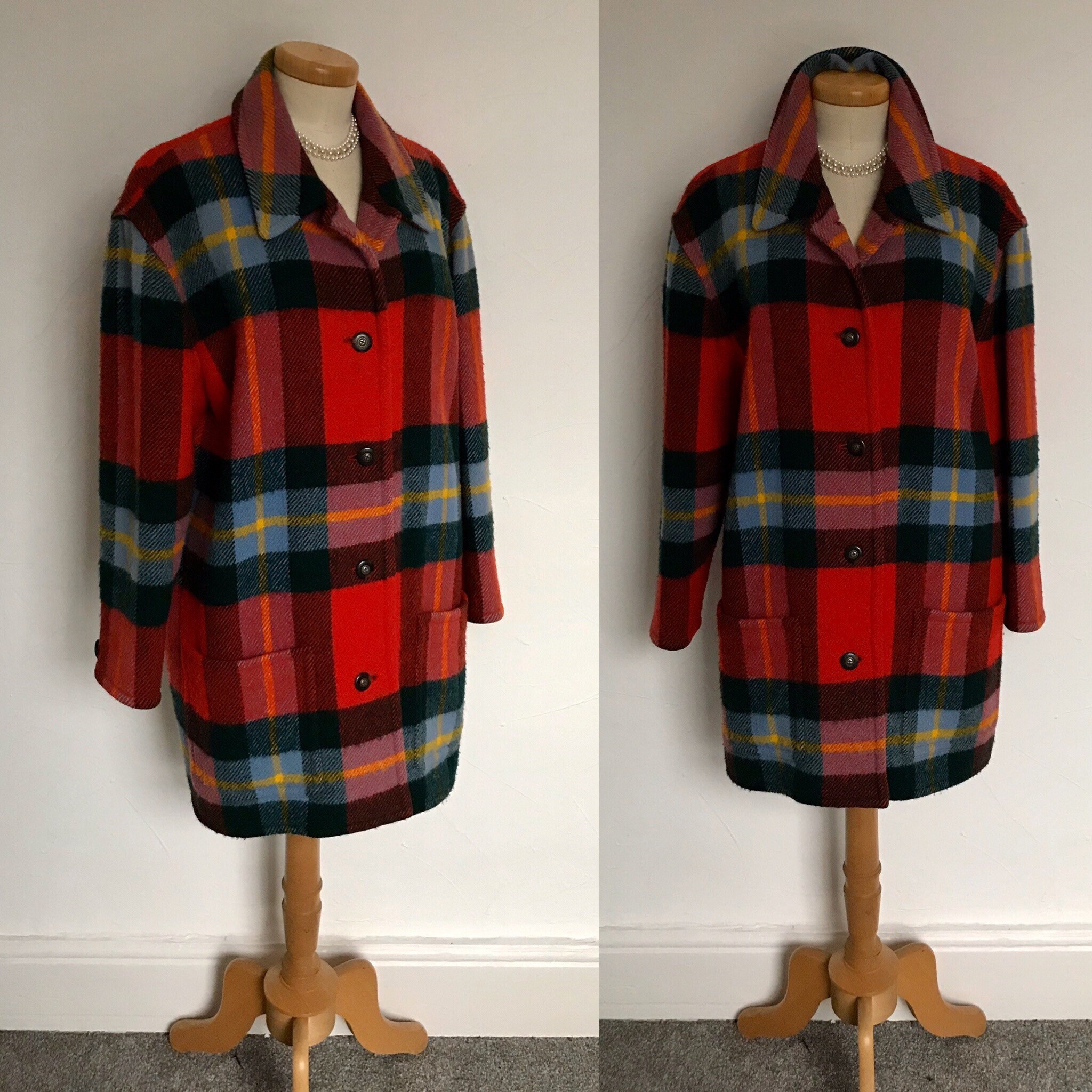 Vintage 1980s Jacket Overcoat Big Boxy Vivid Check Pure Wool 80s Jaeger ...