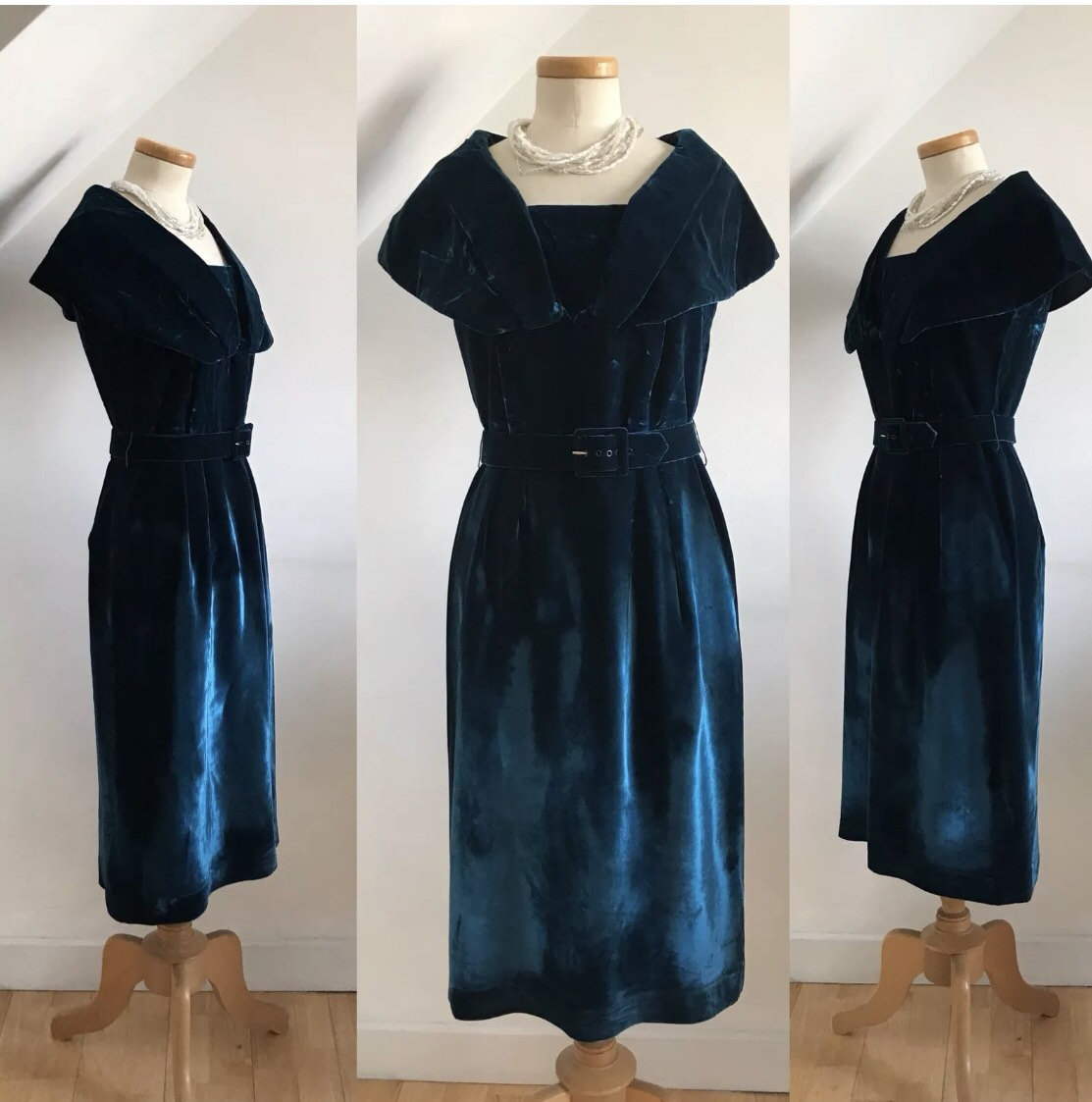 Vintage 1940s Cocktail Dress Blue Velvet Shoulder Cape Belt Unworn ...
