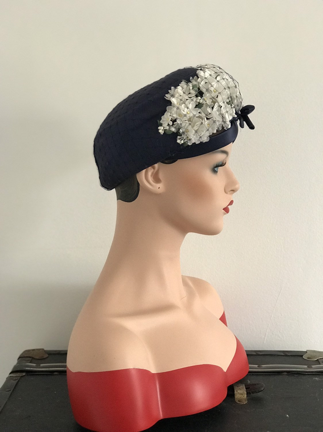 Vintage 50s Raw Silk Hat White Blossom Net Veil Mayfair 1950s Bombshell