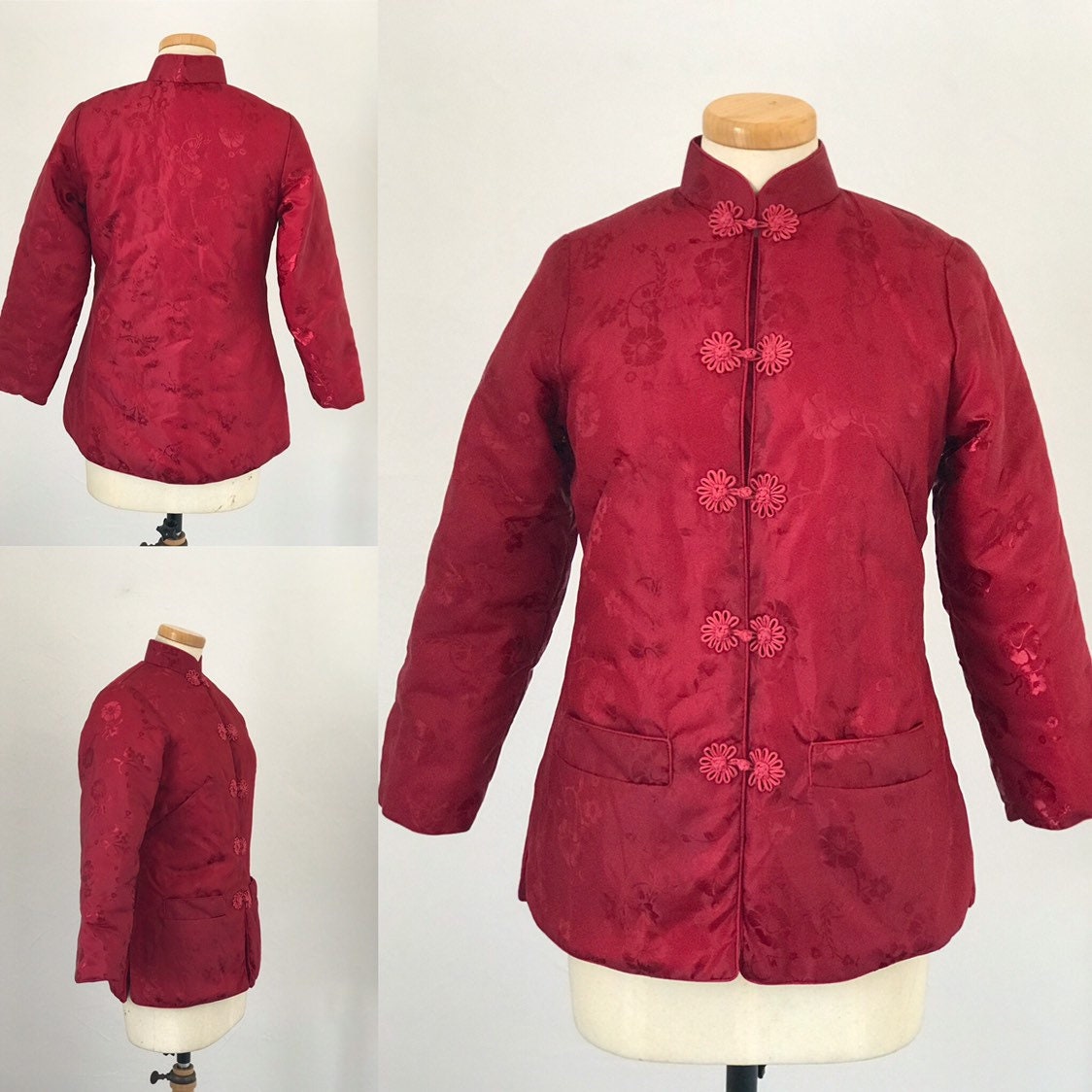 Vintage Cheongsam Jacket Quilted Iridescent Faux Red Silk Fitted Boho