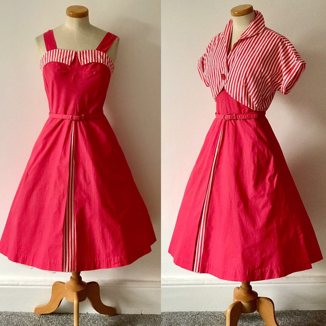 Original 1950s Dress And Bolero By California Cotton Red White Stripe 50s