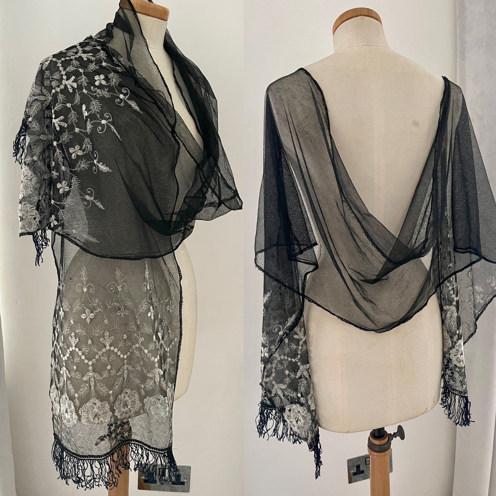 Antique Regency 1800s Black Silk Net Wrap Stole Extensive Silver Thread ...