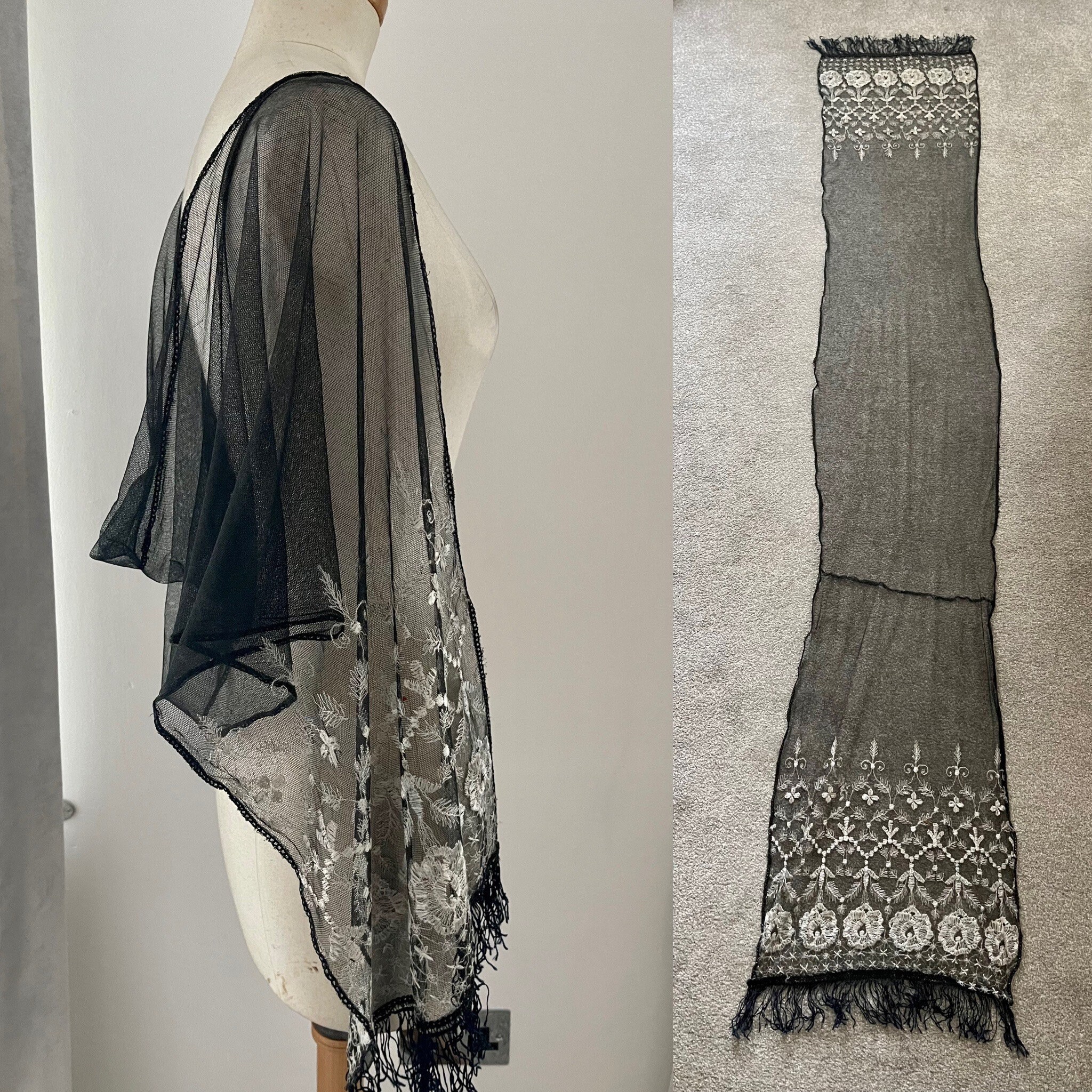 Antique Regency 1800s Black Silk Net Wrap Stole Extensive Silver Thread ...