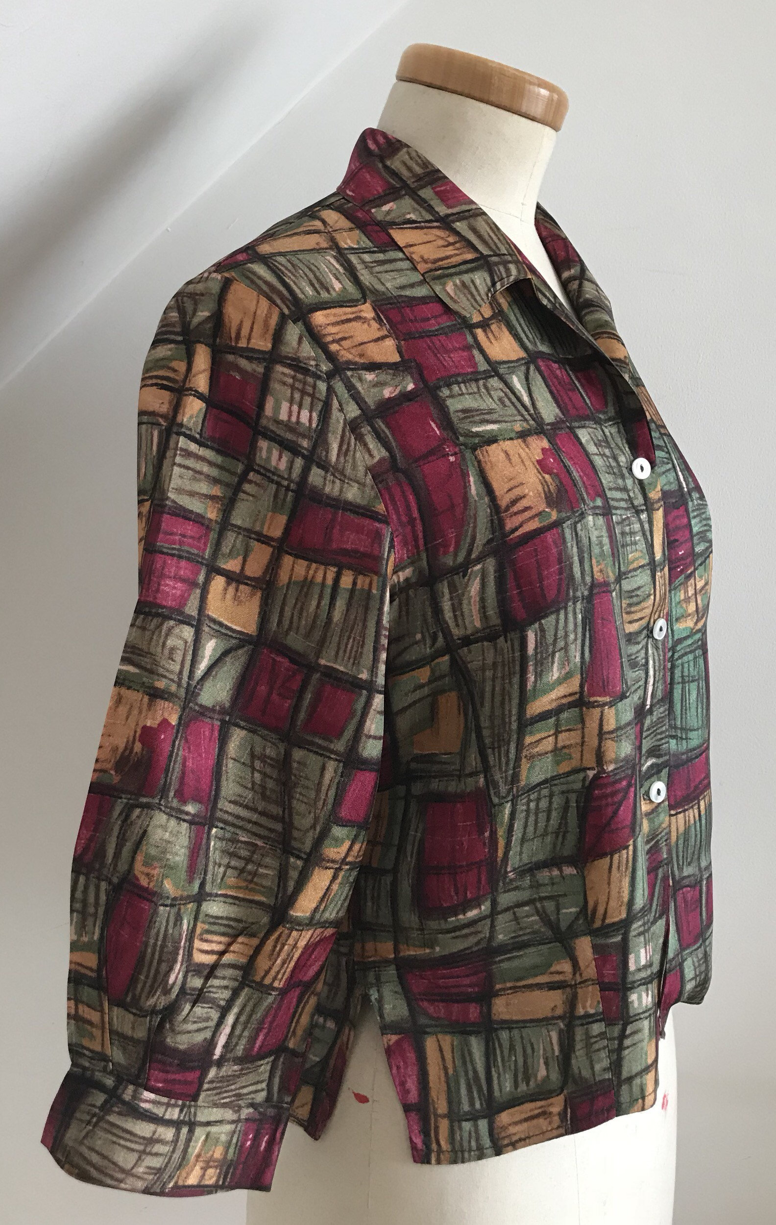 Fab Vintage 1950s Shirt Blouse Stunning Vivid Print Crop Top 50s Bombshell