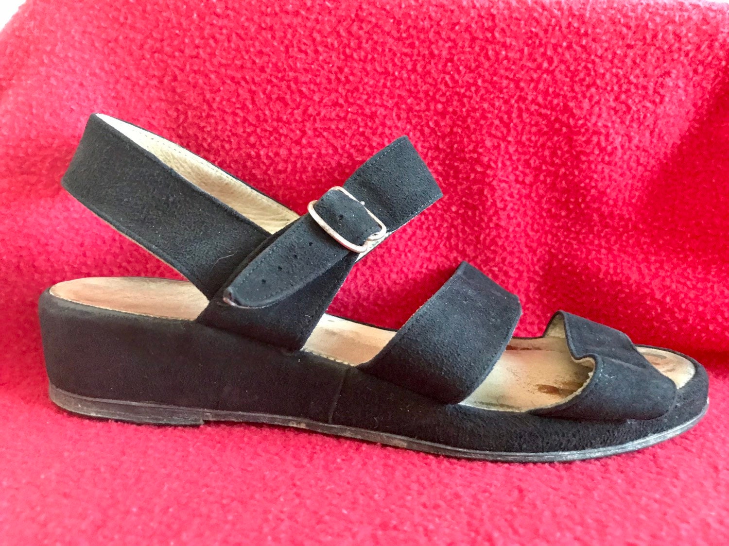 Vintage 1950s Wedge Heeled Sandals Black Suede Strappy 50s Italian ...
