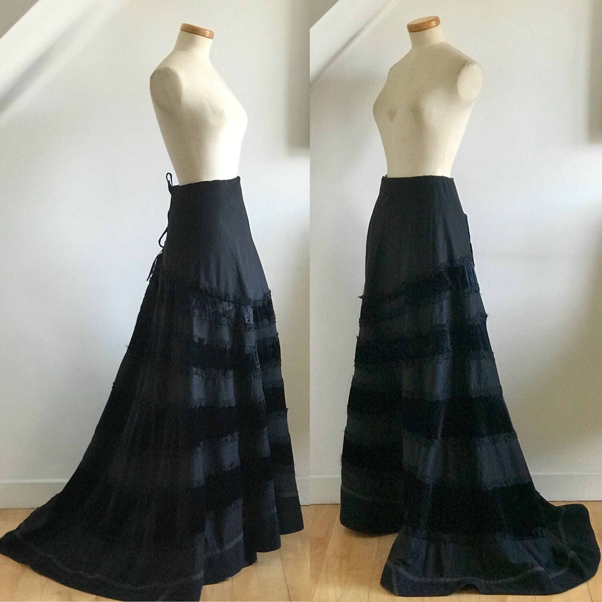 Victorian Bustle Skirt Black Mourning Gown Fishtail Laces Velvet Satin Lace