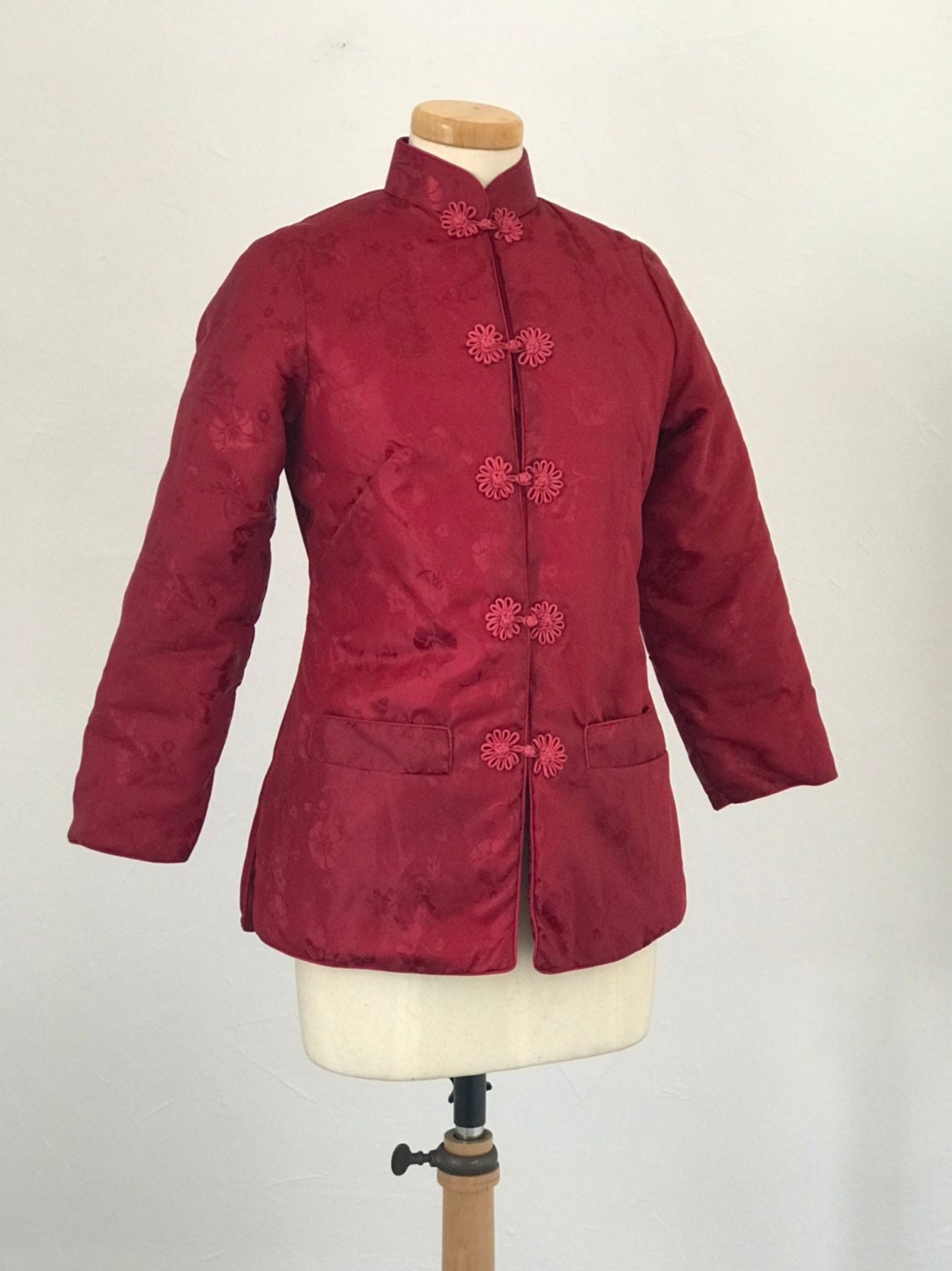 Vintage Cheongsam Jacket Quilted Iridescent Faux Red Silk Fitted Boho