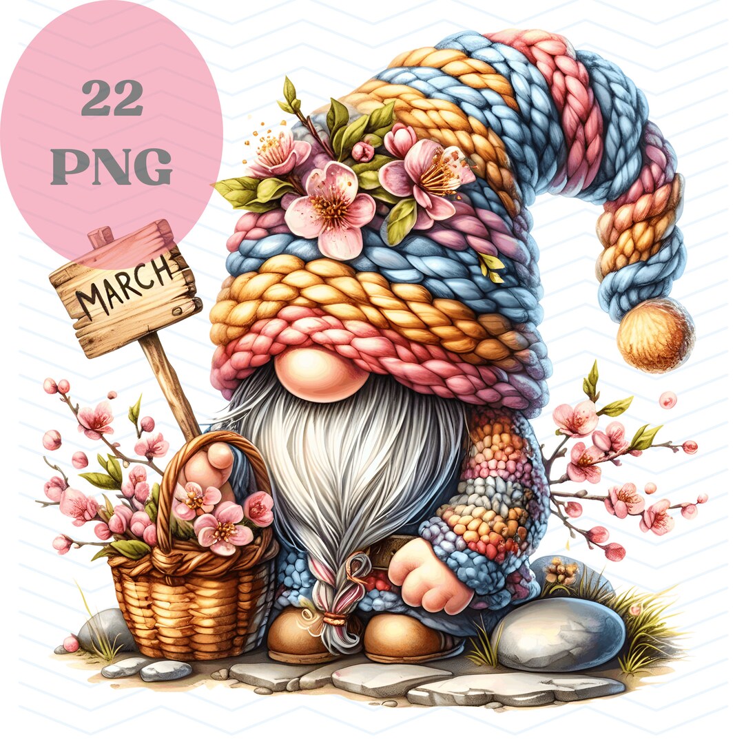 Birth Month Flower Gnomes Clipart Bundle, Clipart, March Gnome PNG ...