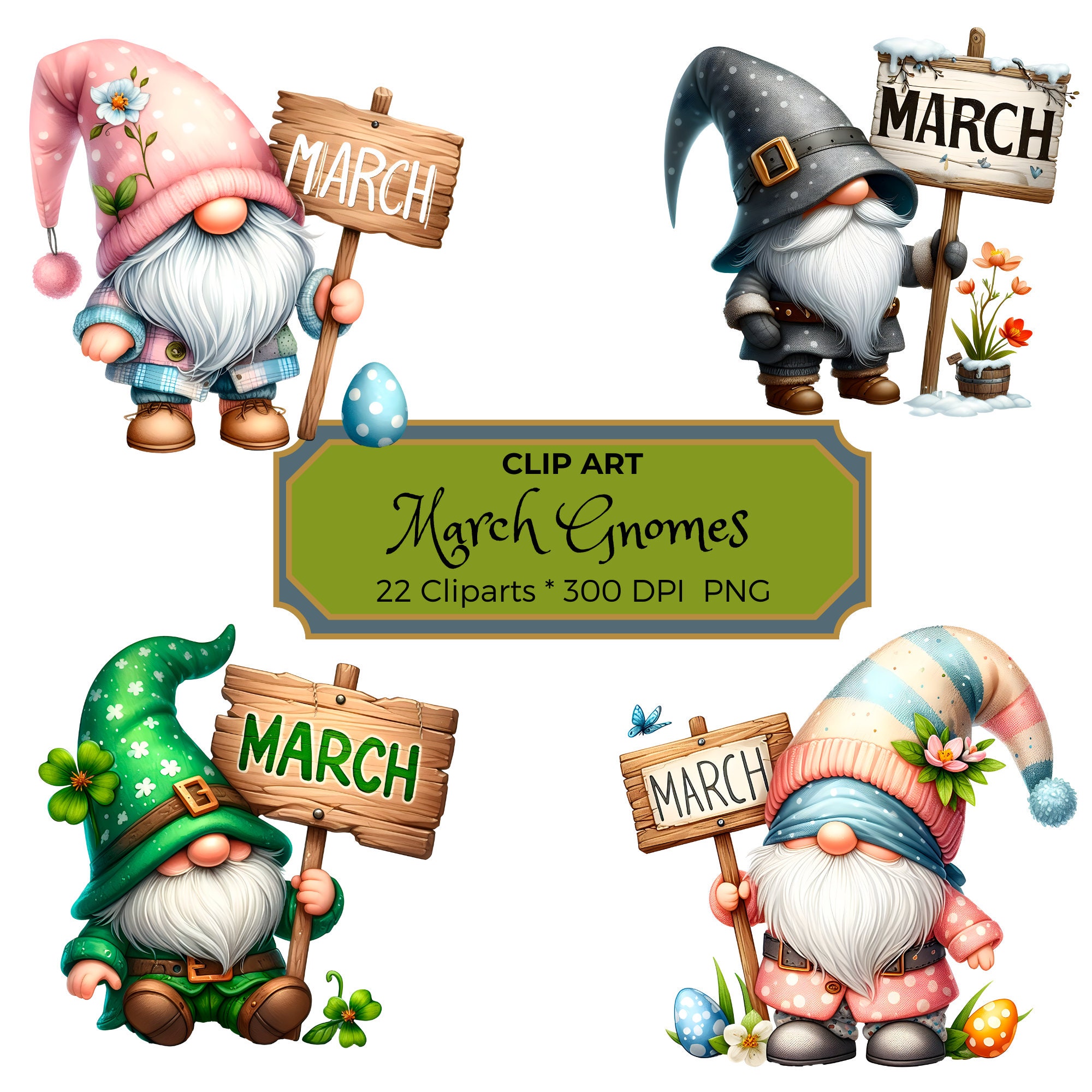 Monthly Gnomes Clipart Bundle, Garden Clipart, March Gnome PNG, Gnomes ...