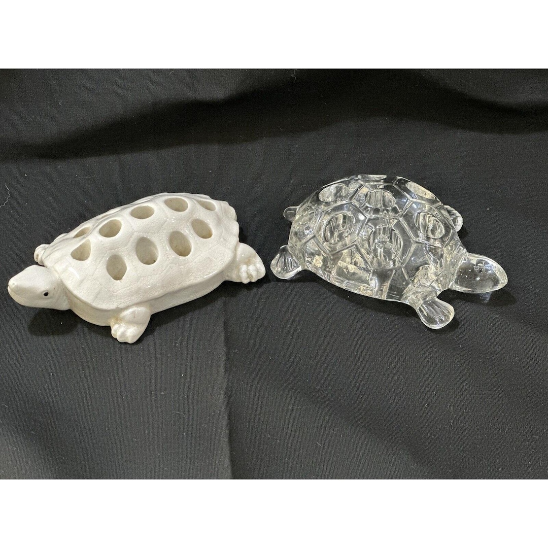 Vintage Pair Turtle Shaped Flower Frog Clear Glass & Porcelain Est 30s ...