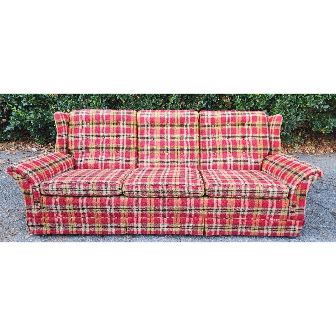 Vintage Wool Plaid MCM Retro Sofa Couch Prop Wingback Buyer Pays ...