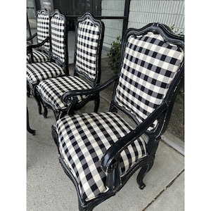 Set 6 French Country Upholstered Dining Chairs Black White Checkered ...