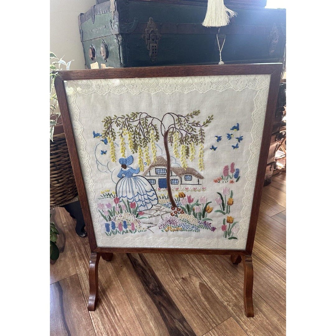 Antique Vintage Crewel Embroidery Summer Wood Fireplace Screen Framed - Etsy
