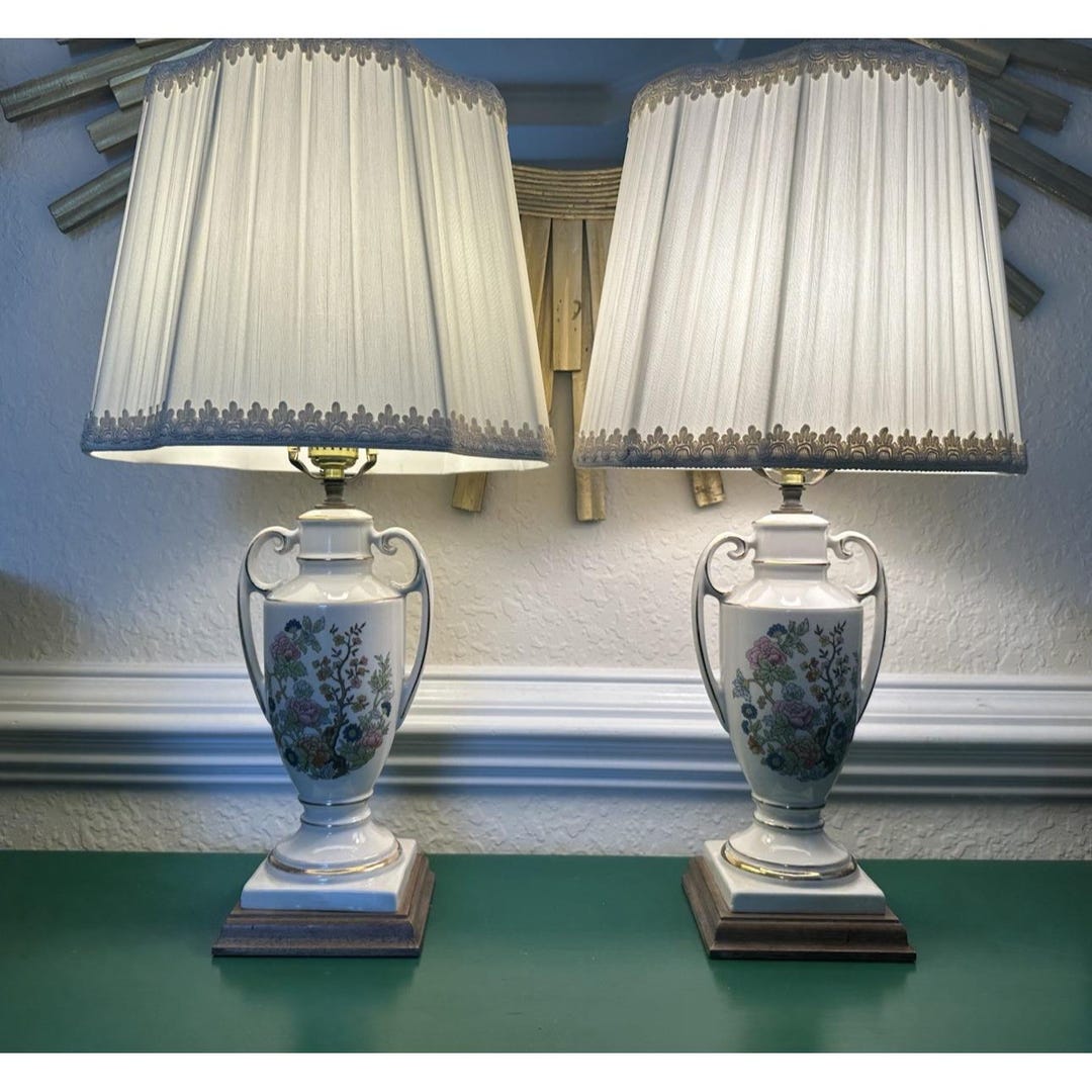 Vintage Indian Tree Floral Table Lamps: Ivory Urn Base, Pleated Lace ...